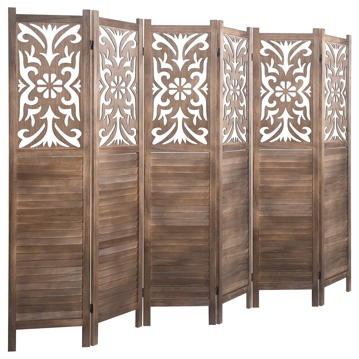Rose Home Fashion RHF 5.6 ft. Tal Room Divider,Double Hinged, Folding Panel Screen, Floral Cut-Out Room Dividers and Folding Privacy Screens, Freestanding (6 Panel,Brown)
