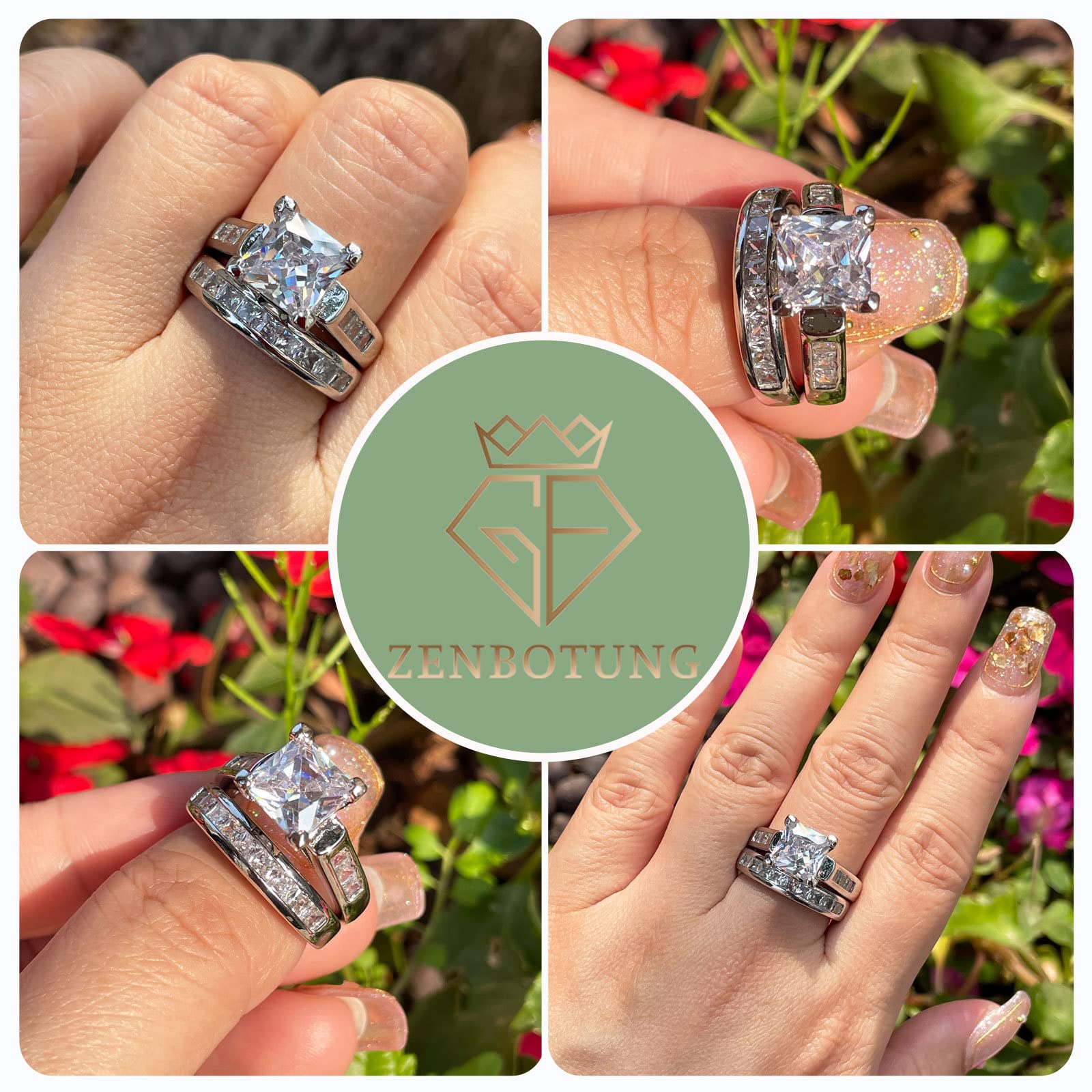 ZENBOTUNG 2.5 Carats Bridal Set Engagement Wedding Ring Bands Princess Cut for Women AAAAA Cubic Zirconia Size 9