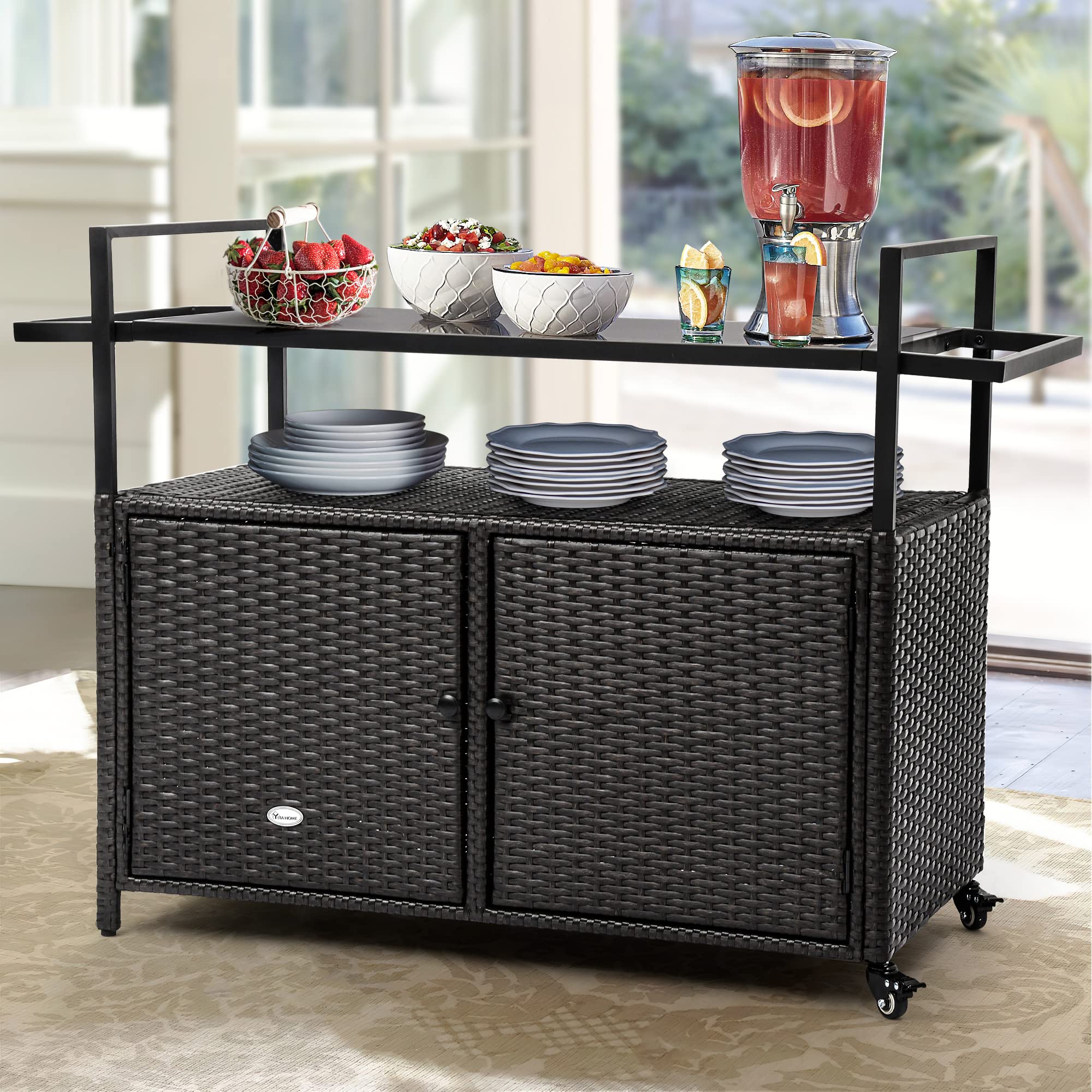 YITAHOME Large Portable Outdoor Wicker Bar Table, Wheels and Black Glass Table Top for Patio Kitchen and Bar Cart (Dark Brown)