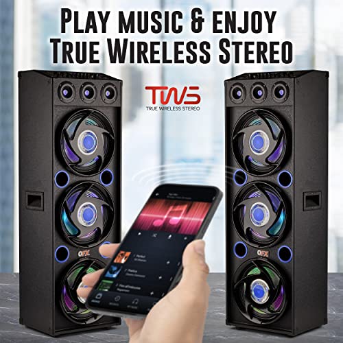 QFX SBX-412300BT TWS Bluetooth Triple 12β Woofer Triple 1β Tweeter Recording High-Performance PA Cabinet Speaker with 10-Band Graphic EQ, 2 Microphone Inputs, Guitar Input, and AUX Input, Blue