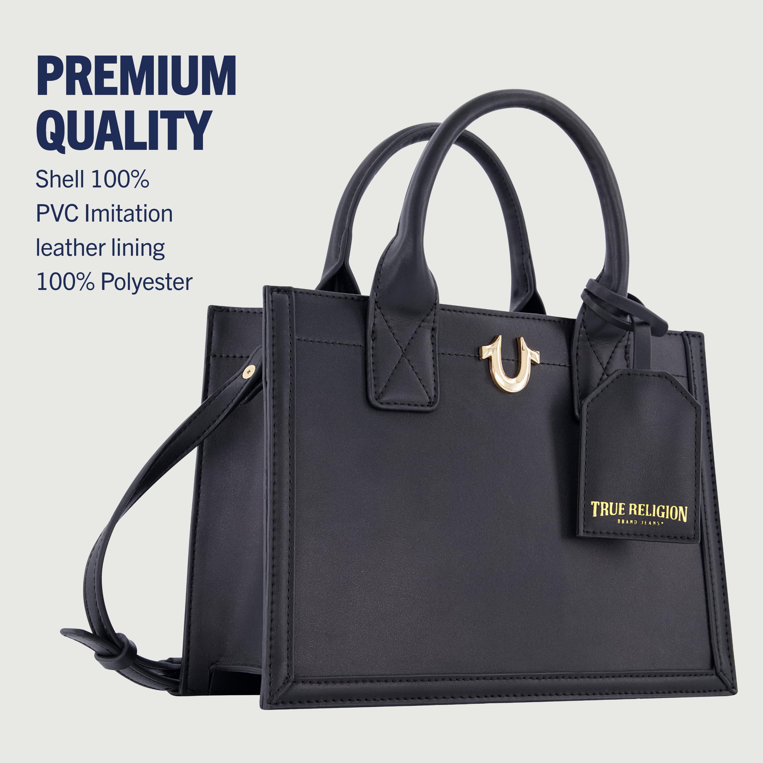 True Religion Tote, Women's Medium Travel Bag with Adjustable Strap and Horseshoe Logo, Black