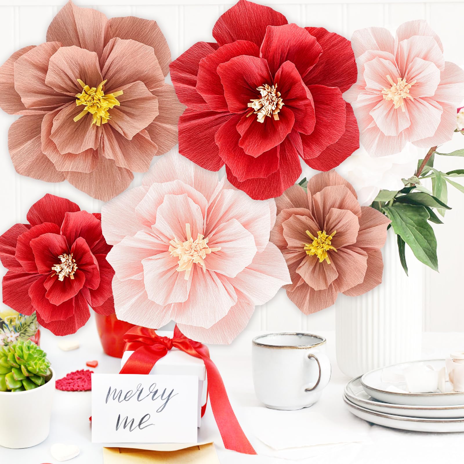 Rose Tissue Paper Flowers Thickened Crepe Paper Flower Decorations for Wall, Flowers for Parties, Backdrops and Classroom Walls, 10", 6 Pieces