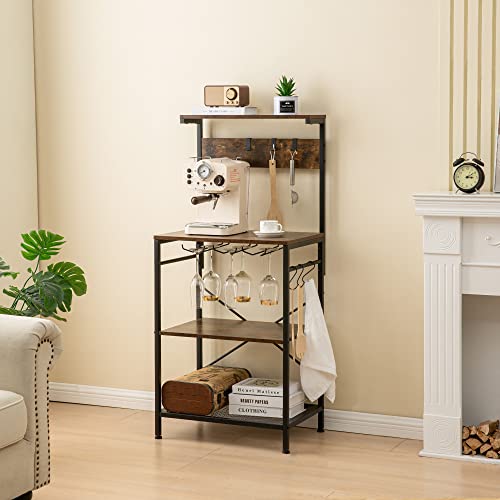 SUNTAGE Kitchen Baker's Rack, Microwave Stand with Storage Cabinet, Coffee Bar Station, Kitchen Shelf Organizer with 4-Tier Shelves, Wine Cup Holders, Kitchen Rack Rustic Brown