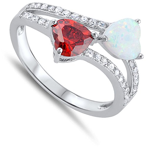 Simulated Garnet White Simulated Opal Double Heart Ring .925 Sterling Silver Band Size 5