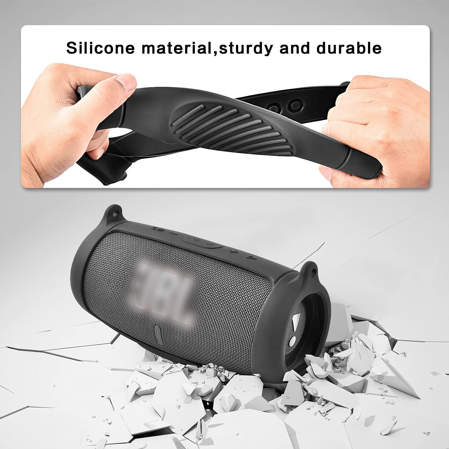 Silicone Case Cover for JBL Charge 5 Waterproof Portable Bluetooth Speaker, Travel Carrying Protective Gel Soft Skin, Waterproof Rubber Pouch with Shoulder Strap and Carabiner - Black