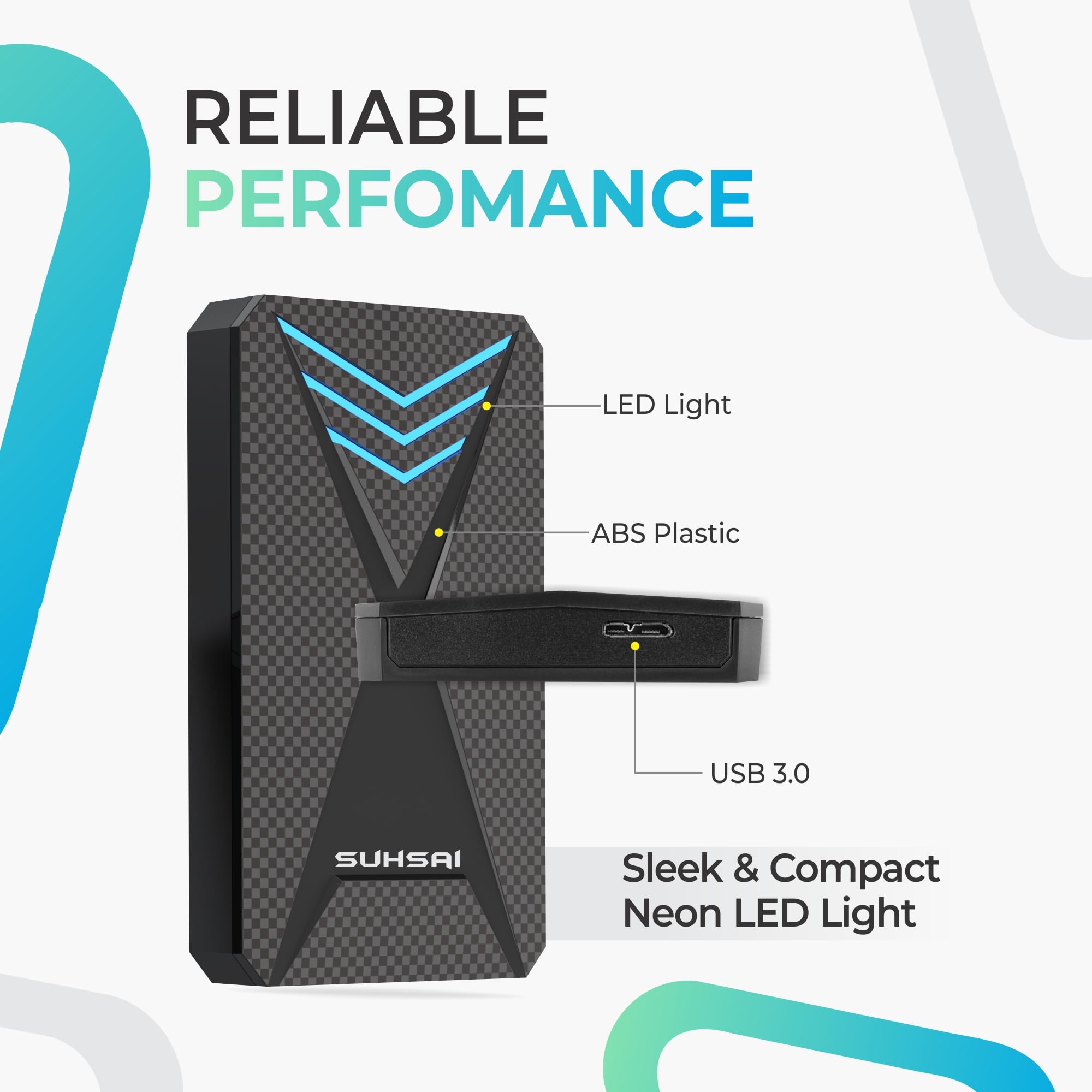 SUHSAI 500GB Portable Gaming External Hard Drive, USB 3.0, 2.5 inch HDD with RGB Light Plug & Play Backup Drive Compatible with Windows, Mac, Xbox Series X, PS4, PS5 - Black