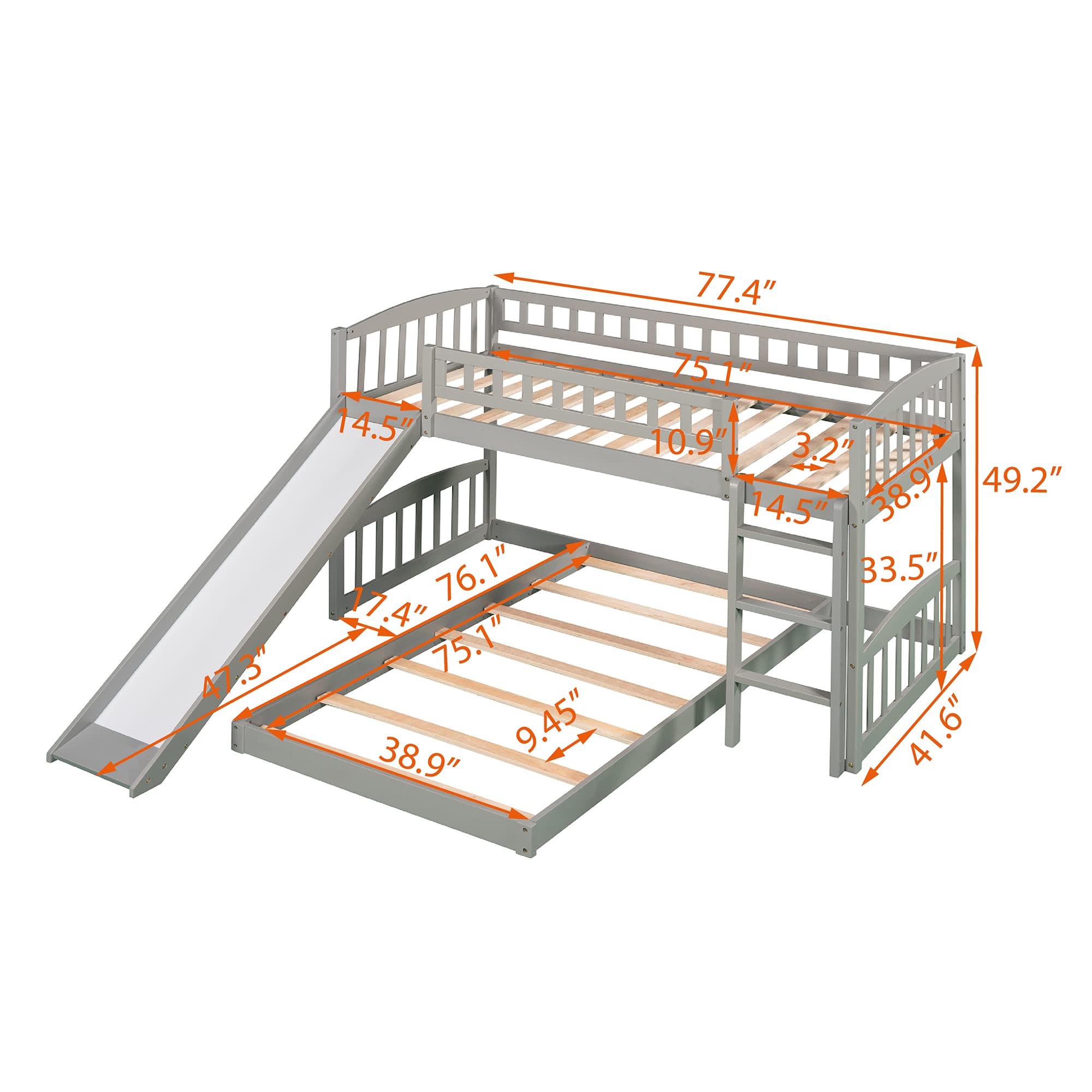Tensun Low Bunk Bed Twin Over Twin, Wood Floor Bunk Bed with Slide and Ladder, L-Shape Bunk Bed for Bedrooms,Dorms,Kids,Toddlers,No Box Spring Needed,Easy to Assemble,Grey