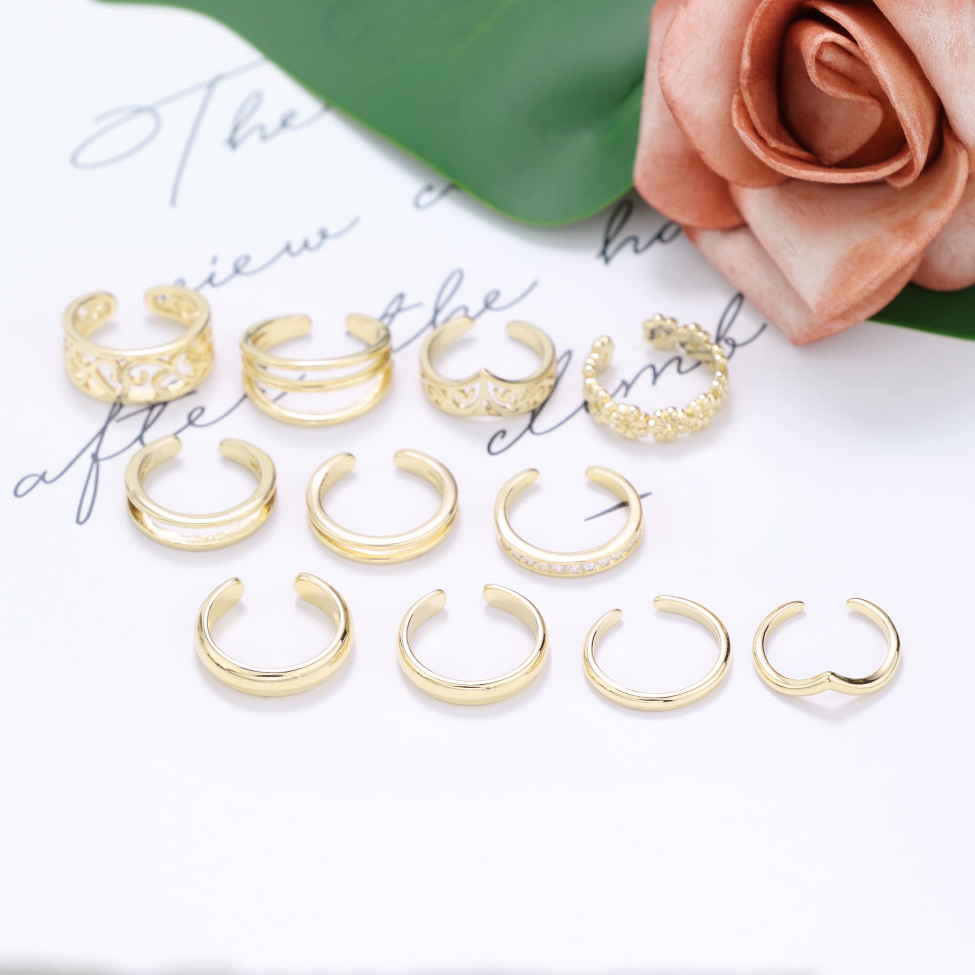 Subiceto 11 PCS Toe Rings for Women Adjustable Open Wave CZ Hollow Flower Celtic Knot Simple Band Knuckle Tail Ring Set