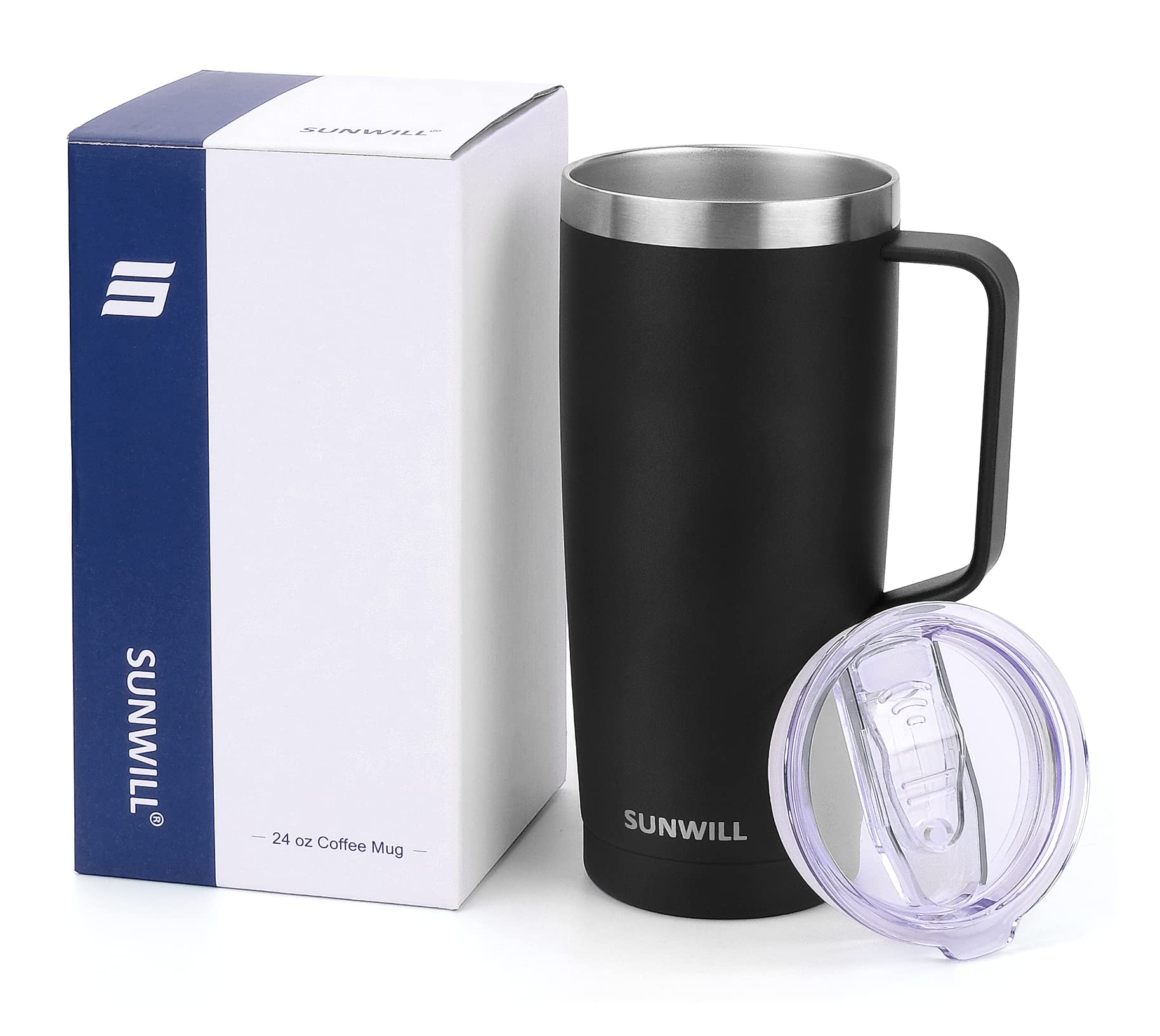SUNWILL Travel Coffee Mug With Handle, Insulated Coffee Tumbler With Lid 24oz, Double Wall Stainless Steel Thermal Coffee Cup, Powder Coated Black