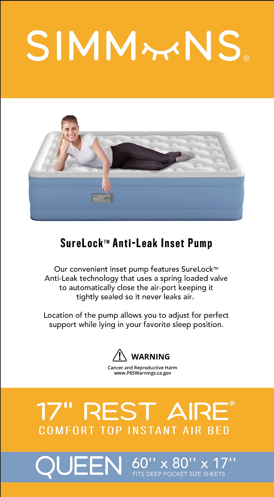 Simmons Rest Aire Mattress Air Bed with Side Built-in Pump and Soft Velveteen Topper, 17" Queen