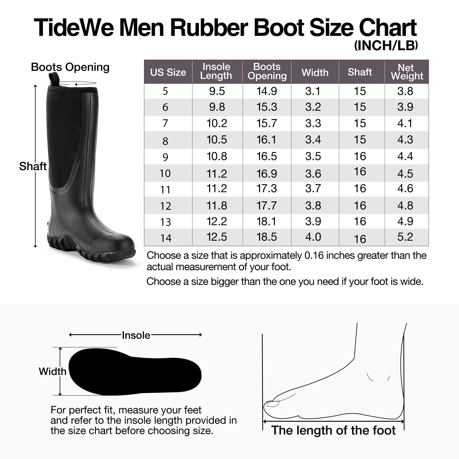 TIDEWE Rubber Boots for Men Multi-Season, Waterproof Rain Boots with Steel Shank, 6mm Neoprene Sturdy Rubber Outdoor Hunting Boots Size 11 (Black)