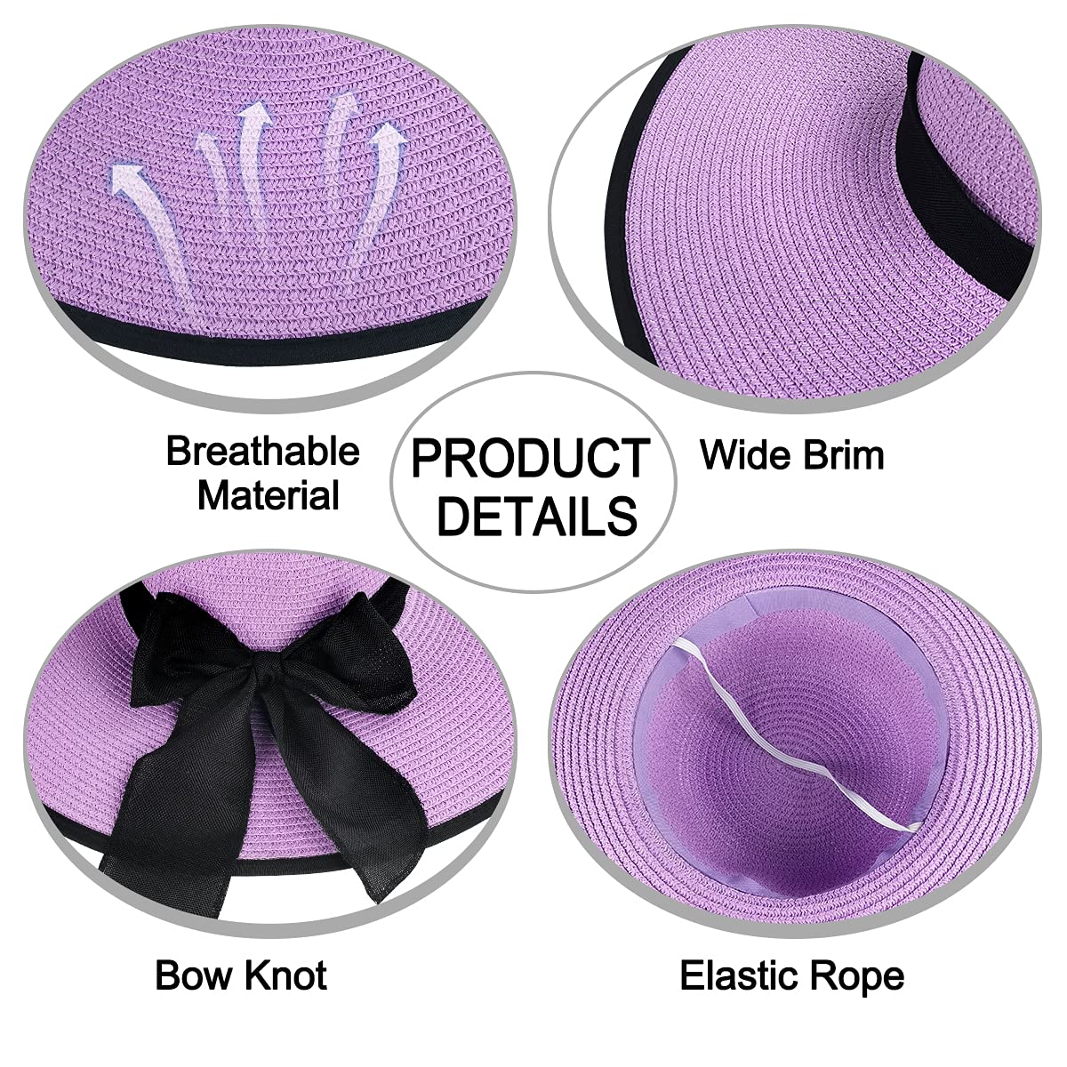 Womens Sun Straw Hat Wide Brim UPF 50 Summer Hat Foldable Sun Hats Foldable Roll up Floppy Beach Hats for Women (Purple)