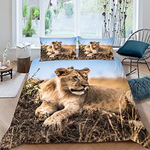 Quilt Cover Twin Size Lion 3D Bedding Sets Animal Duvet Cover Breathable Hypoallergenic Stain Wrinkle Resistant Microfiber with Zipper Closure,beding Set with 2 Pillowcase