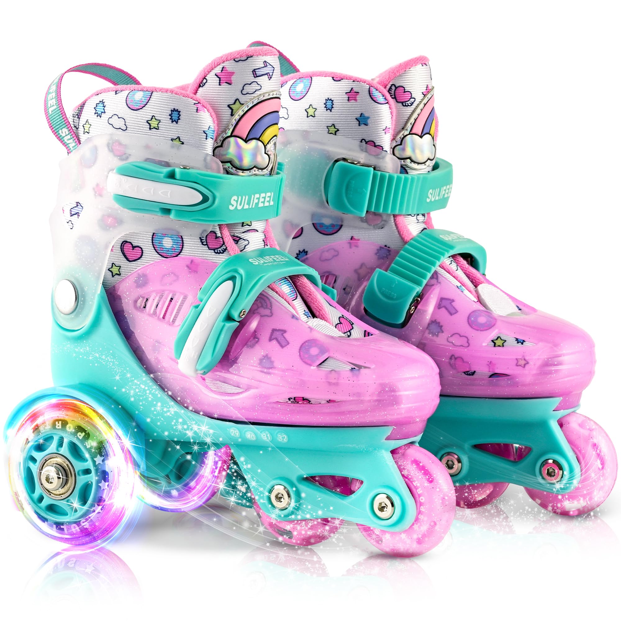 SULIFEEL Adjustable Roller Skates for Girls Boys Kids,Fun Illuminating Light Up Flash Wheels Three-Point Type Balance Suitable for Beginners Indoor Roller Skating Green & Pink Size X-Small