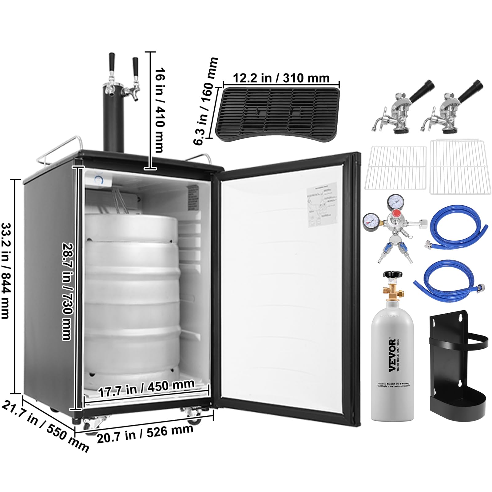 VEVOR Beer Kegerator, Dual Tap Draft Beer Dispenser, Full Size Keg Refrigerator With Shelves, CO2 Cylinder, Drip Tray & Rail, 32°F- 50°F Temperature Control, Holds 1/6, 1/4, 1/2 Barrels, 152L,Black
