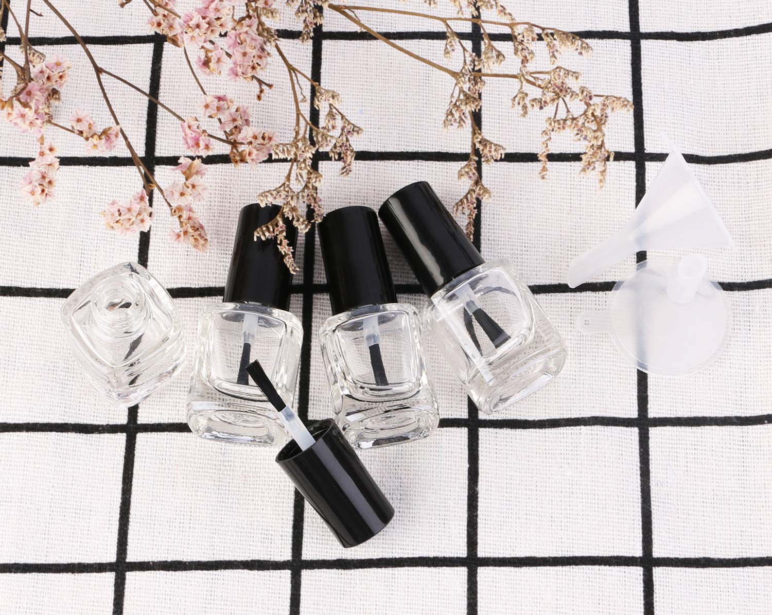 Yebeauty 20 PCS Empty Nail Polish Bottle, 5ml/0.17oz Refillable Clear Glass Bottles Vials Container with Soft Brush Cap Funnels Set for Nail Art Sample, Black