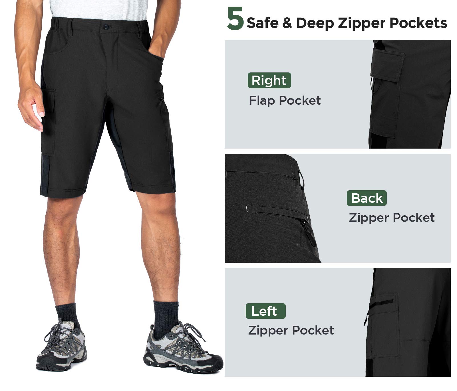 XKTTAC Men-Hiking-Shorts Strench Lightweight Outdoor Quick-Dry-Shorts with Zipper Pockets (Black, Large)