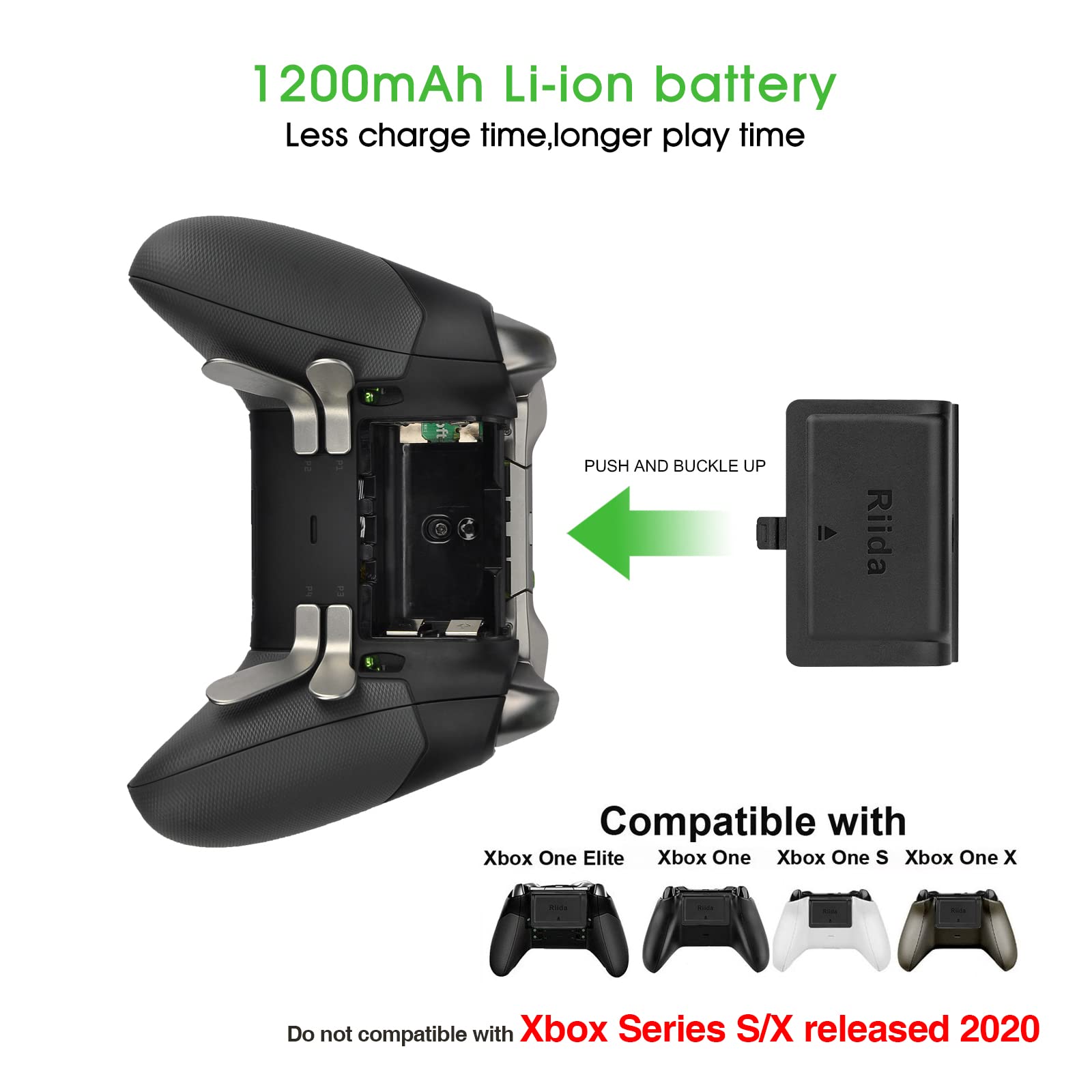 Rii Xbox one Battery Pack 1200mAh (2-Pack) Rechargeable Lithium for Xbox One S/Xbox One X/Xbox One Elite Wireless Controller with 2 of 1 Feet Micro USB Charging Cable and LED Indicator