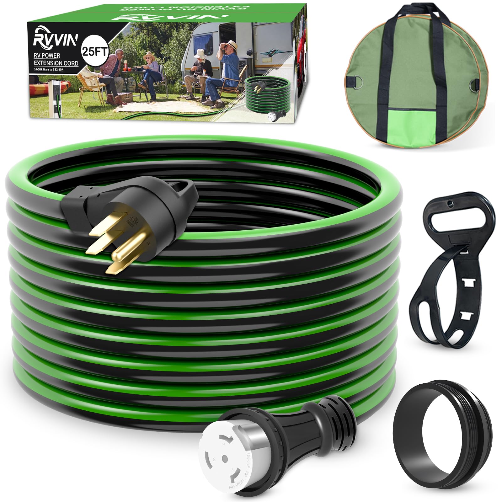 RVVIN 50 Amp 25 Feet RV Extension Cord, 14-50P to SS2-50R Heavy Duty STW Generator Extension Cord for RV Camper and Generator to House, with Locking Connector, ETL Listed (Black&Green)