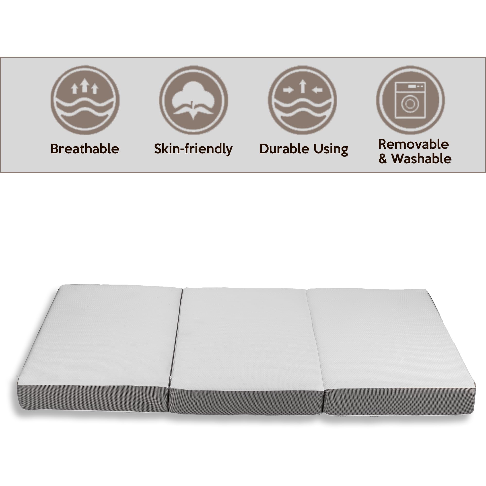 Treaton, 5-Inch Tri-Folding Gel Memory Foam Portable Floor Mattress | Breathable Mesh, Ultra Soft, Cot Pad, Removable and Washable Cover, Comfortable Support, Therapeutic Qualities, Queen, White