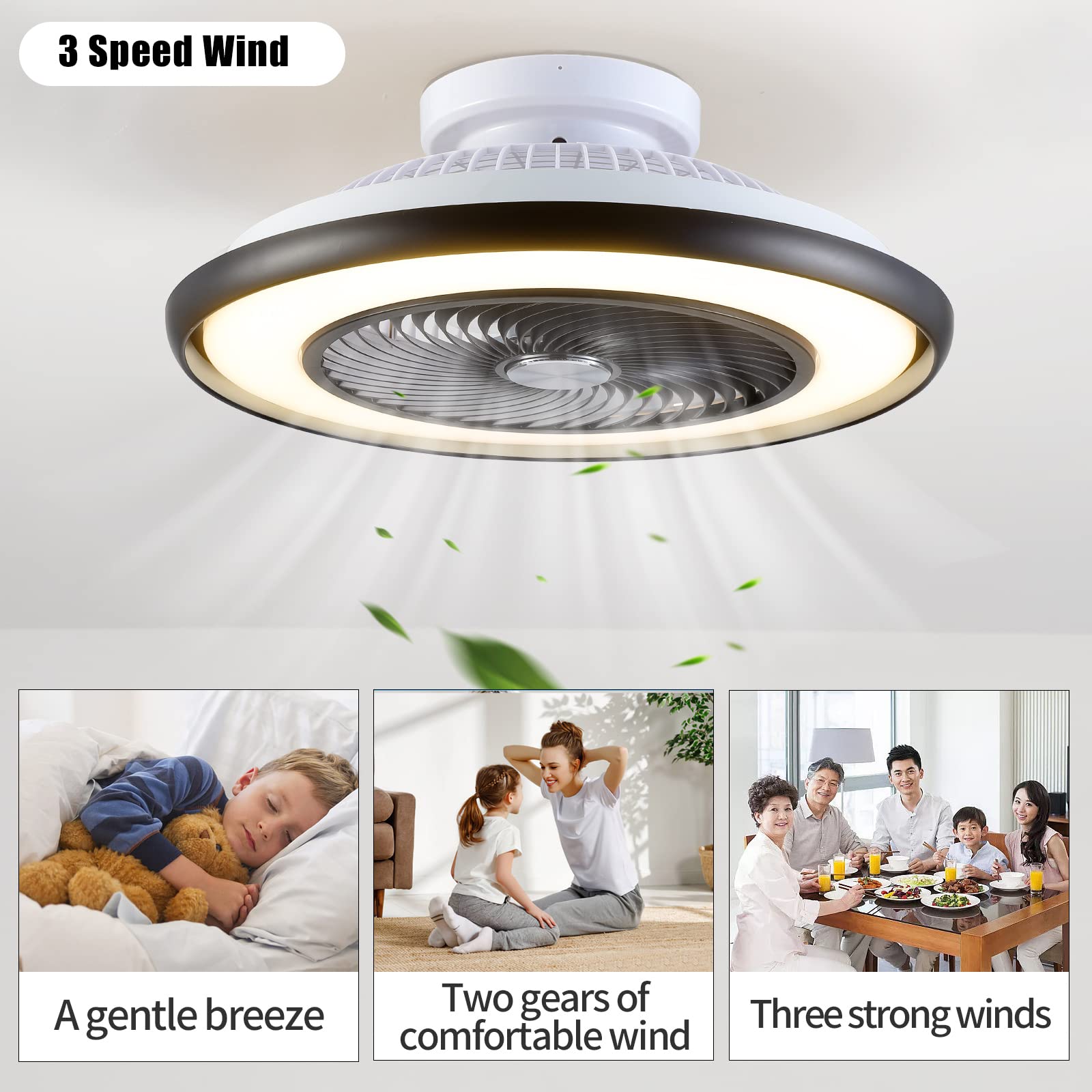 Surtime Ceiling Fans with Lights and Remote Control,Modern Low Profile Bladeless Small Ceiling Fan for Bedroom,22" Flush Mount Enclosed Ceiling Fans
