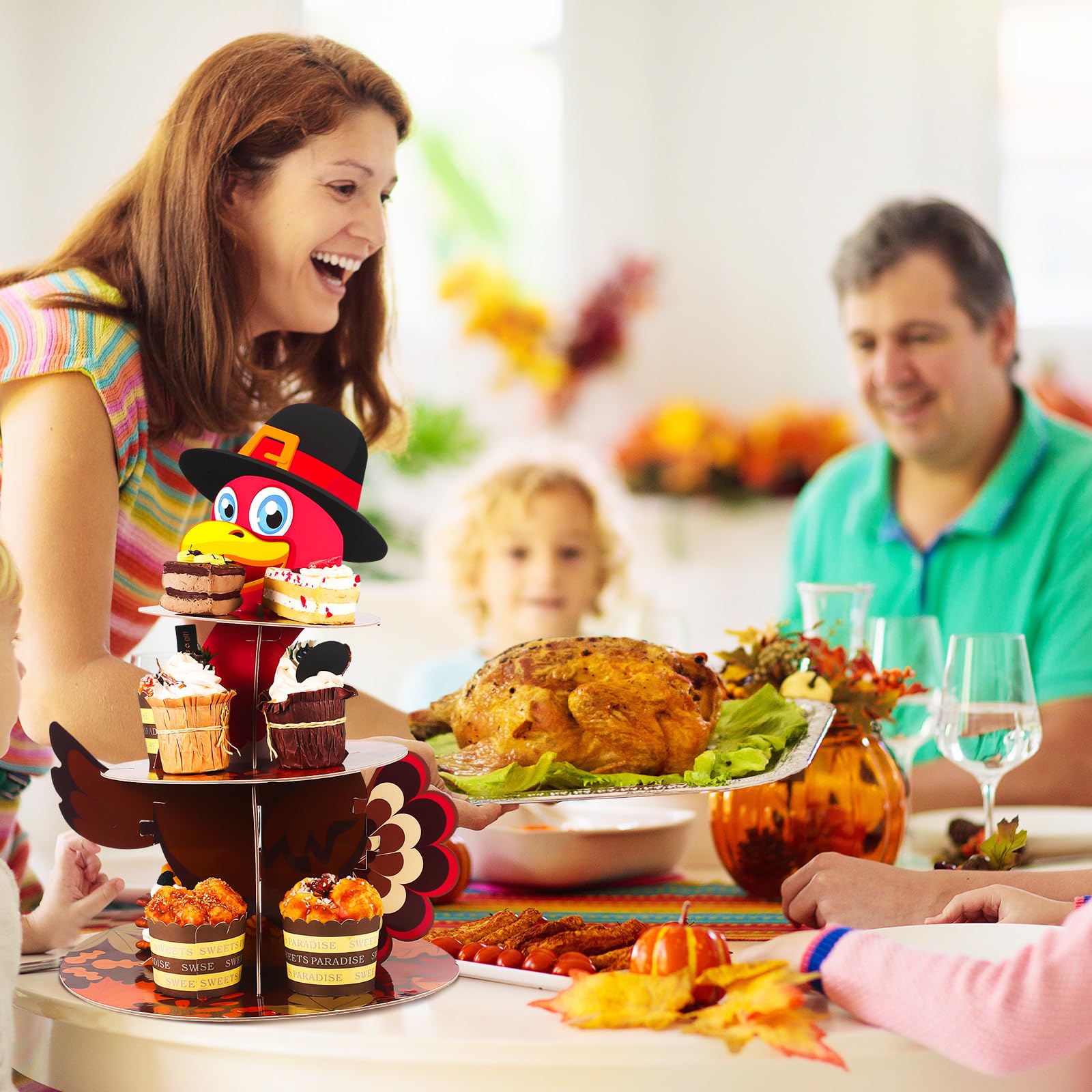 Uiifan Thanksgiving Day Cupcake Stand 3 Tiers Turkey Maple Leaf Cardboard Cake Dessert Holder Tower Cookie Trays for Fall Autumn Thanksgiving Decorations Party Supplies