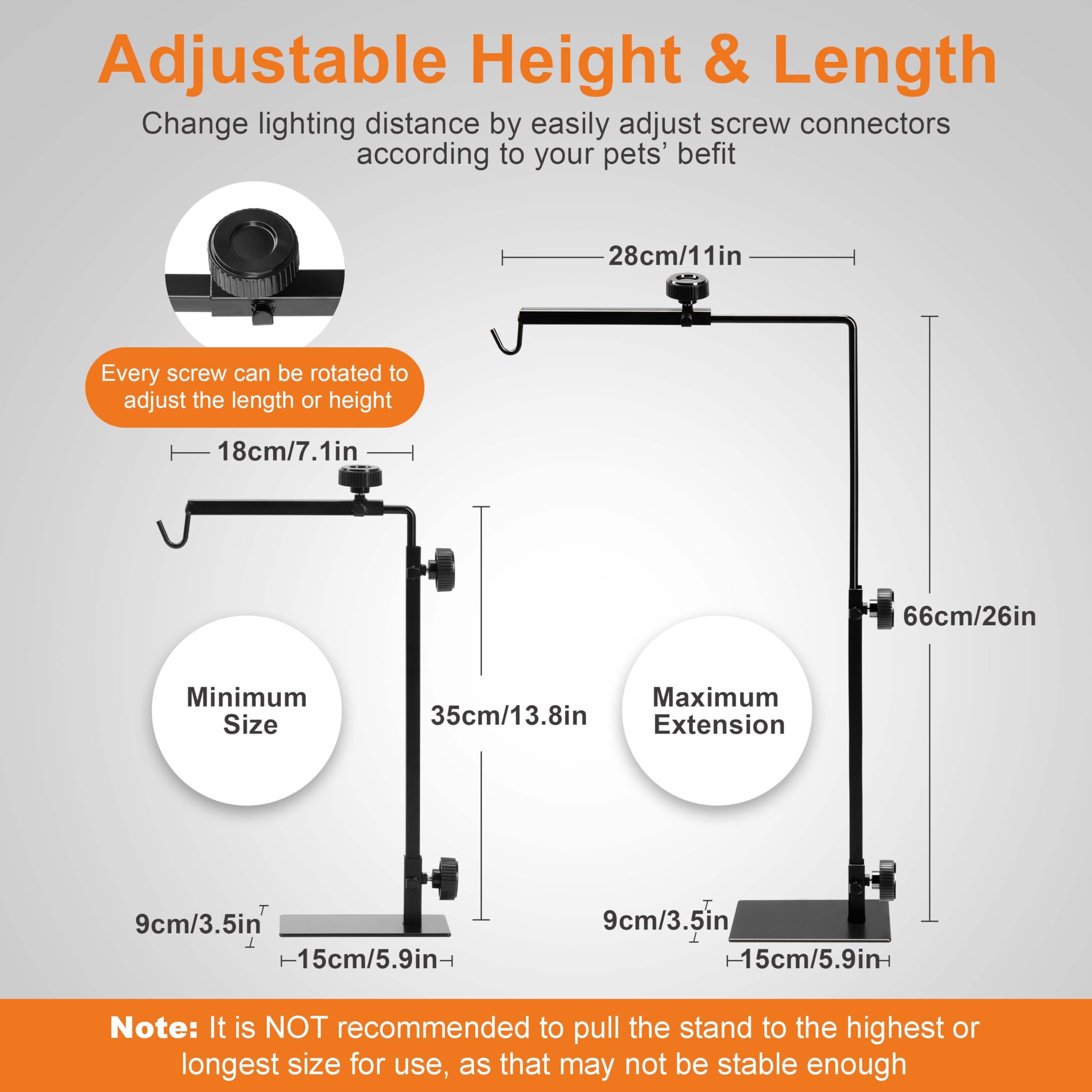 Simple Deluxe Reptile Lamp Stand Adjustable 14-26 inch Metal Bracket Floor Light Holder for Reptile Glass Terrarium Heating Light, Amphibian and Aquarium Tank