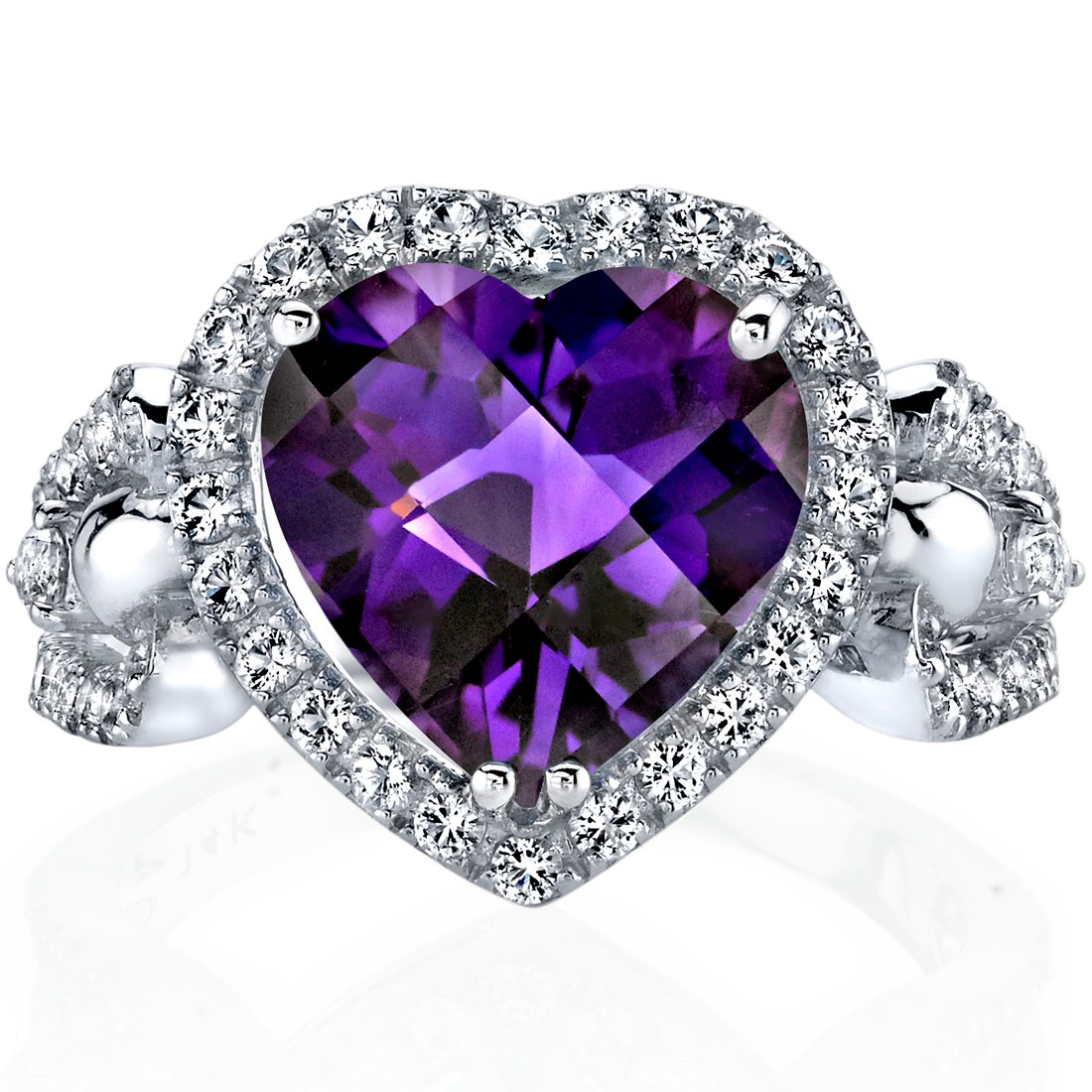 PEORA Amethyst Large Heart Halo Ring for Women 14K White Gold with White Topaz, Genuine Gemstone, 3 Carats 10mm, Size 6