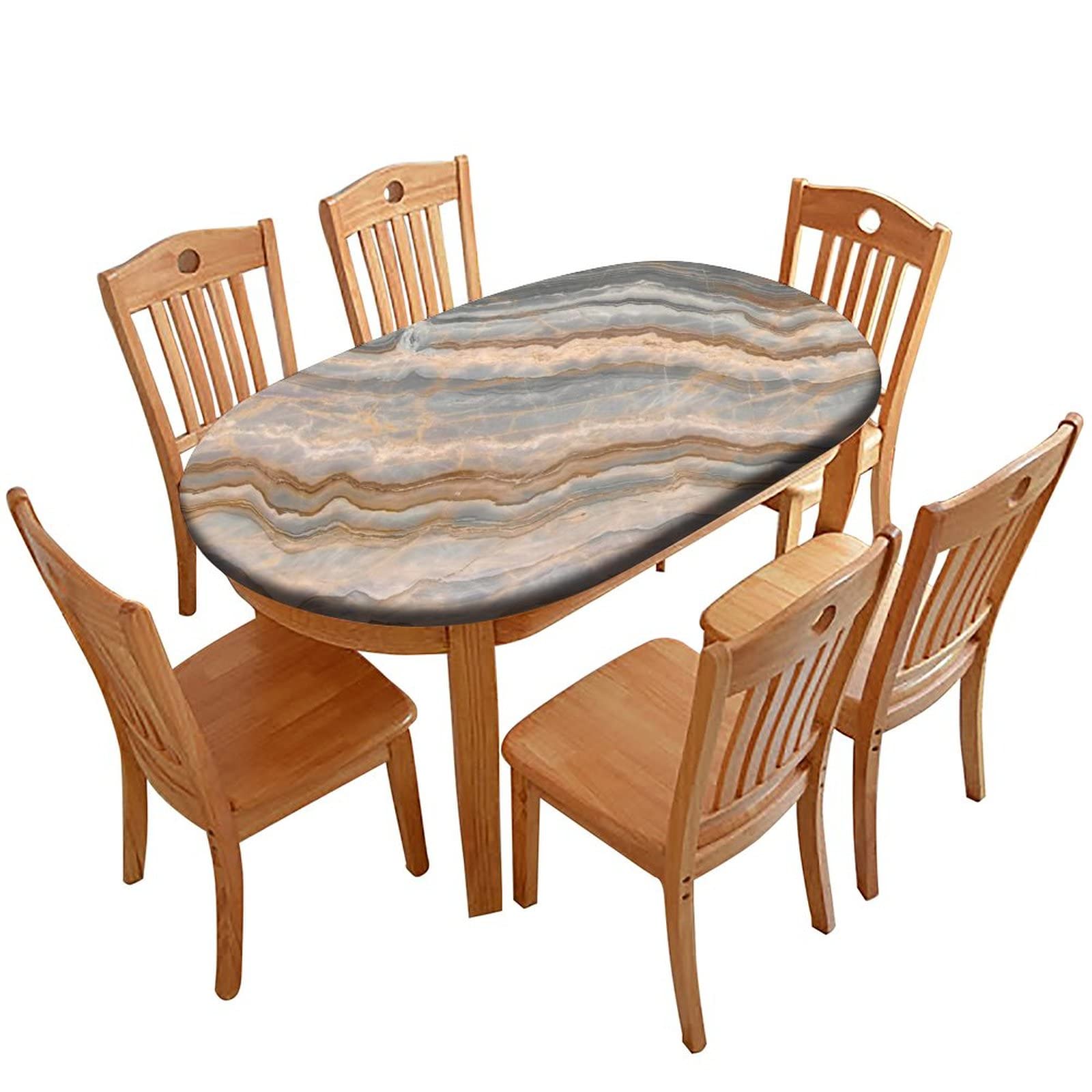 SCGOLD Fitted Oval Elastic Edge Tablecloths, Agate Marble Waterproof Wipe Clean Table Cloth, for Outdoor Picnic Camping and Indoor Kitchen Dining Party, Fits for 48" x 68" Oval Table