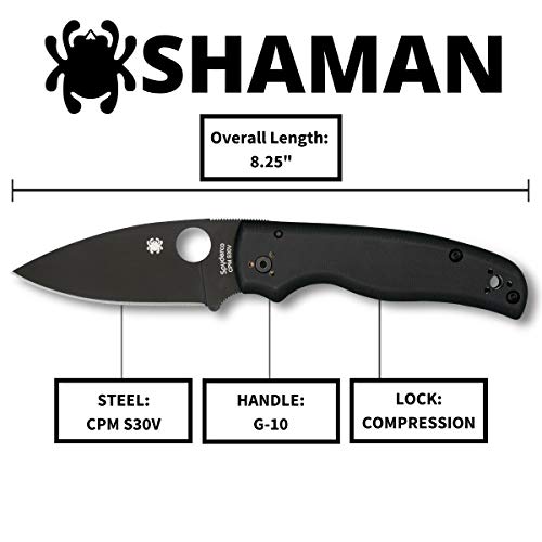 Spyderco Shaman Signature Knife with 3.58" CPM S30V Black Steel Blade and Black Matte-Finished G-10 Handle - PlainEdge - C229GPBK