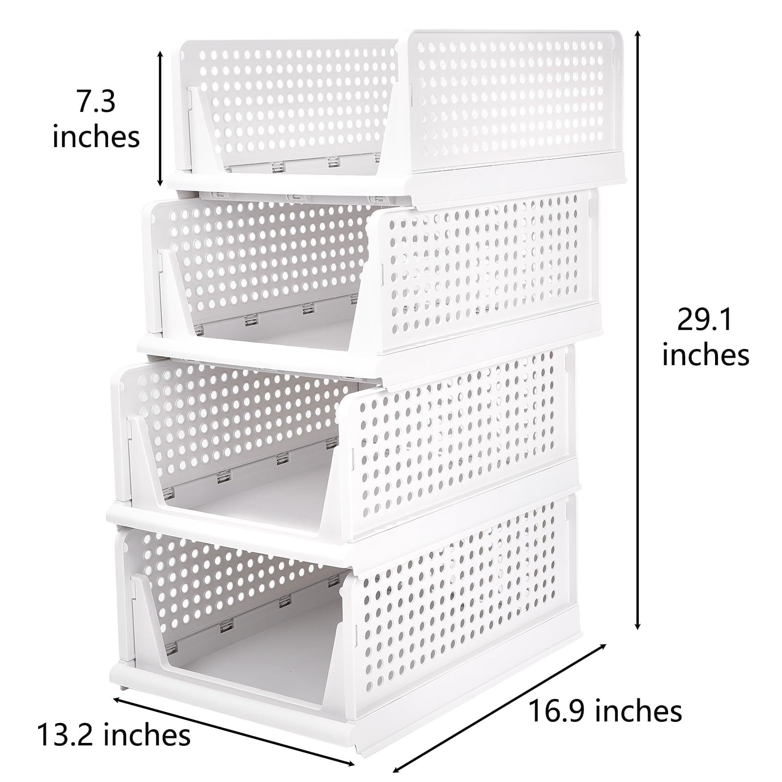 SEHERTIWY Stackable Closet Storage Baskets, 4 Packs Plastic Closet Organizers and Storage Containers Bins, Foldable Closet Shelf Drawers for Wardrobe Cupboard Kitchen Bathroom Office
