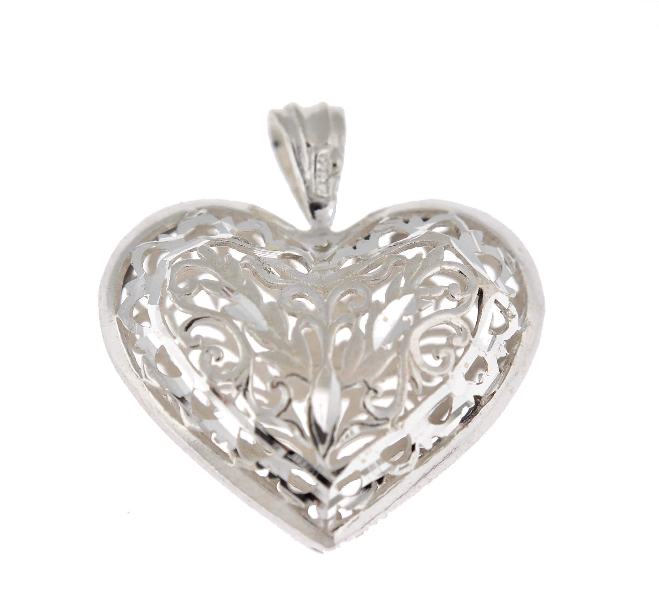 Sterling Silver Puffy Filigree Heart 3D Large Pendant Charm