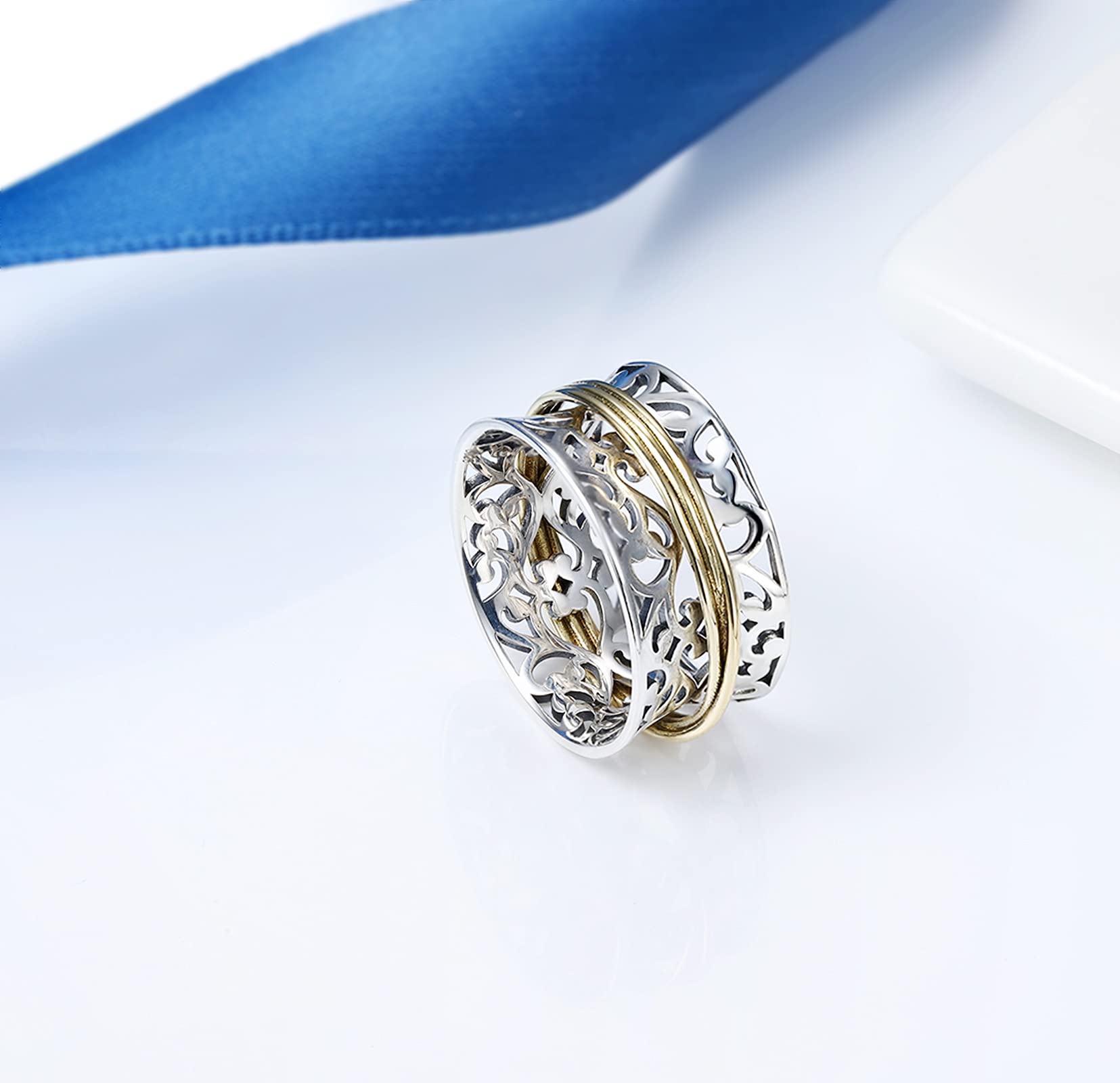 STROLLGIRL Sterling silver Simple spinner ring Fidget band ring spinning meditation anxiety ring (filigree design, 7)