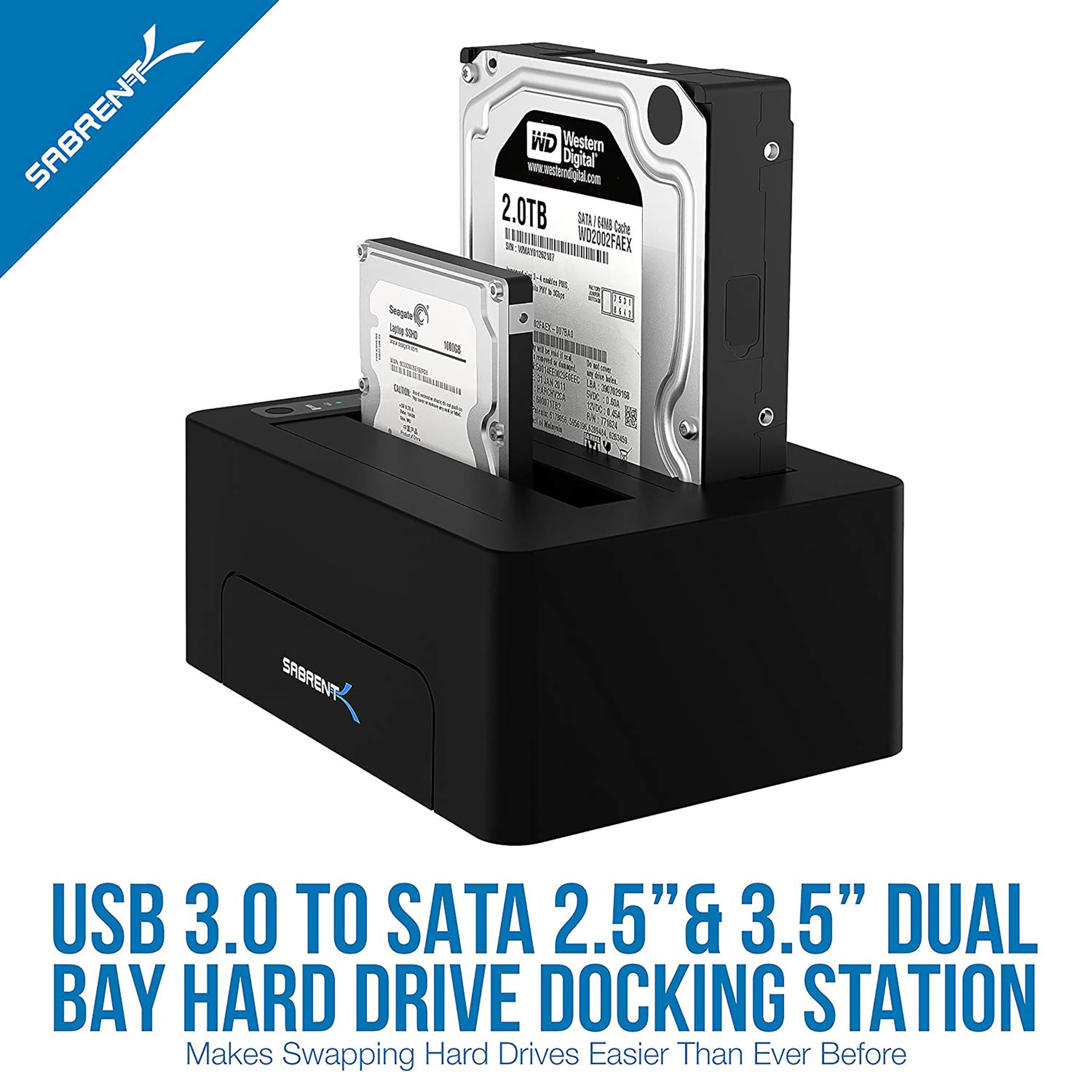 SABRENT USB 3.0 to SATA Dual Bay External Hard Drive Docking Station for 2.5 or 3.5in HDD, SSD with Hard Drive Duplicator/Cloner Function [22TB Support] (EC-DSK2)