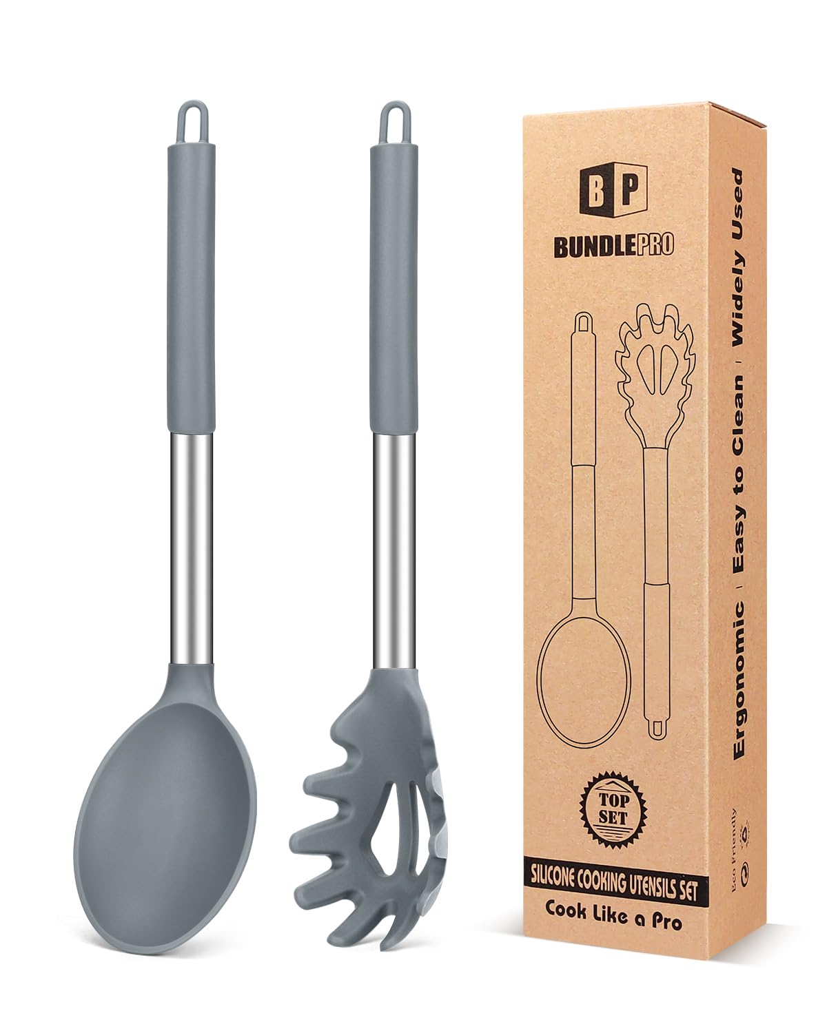 Silicone Pasta Fork and Cooking Spoon Set, Non Stick Kitchen Utensils for Cooking,Stirring,Serving Spaghetti, Soup, Sauce (GREY)