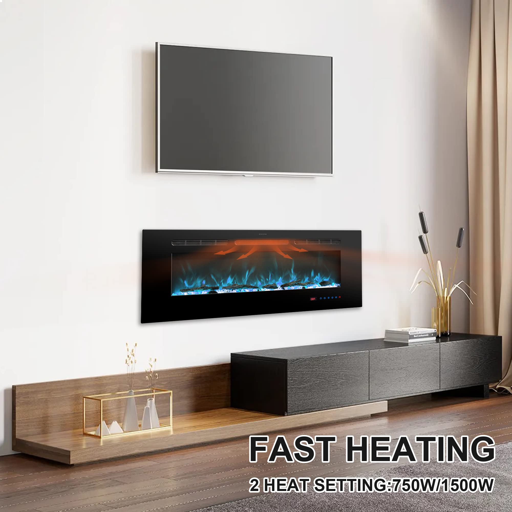 Rodalflame 48 Inches Electric Fireplace Inserts, Recessed and Wall Mounted Fireplace Heater for Indoor Use with Remote Control, 13 Color Flames with Log &Crystal, 9H Timer, 750/1500W
