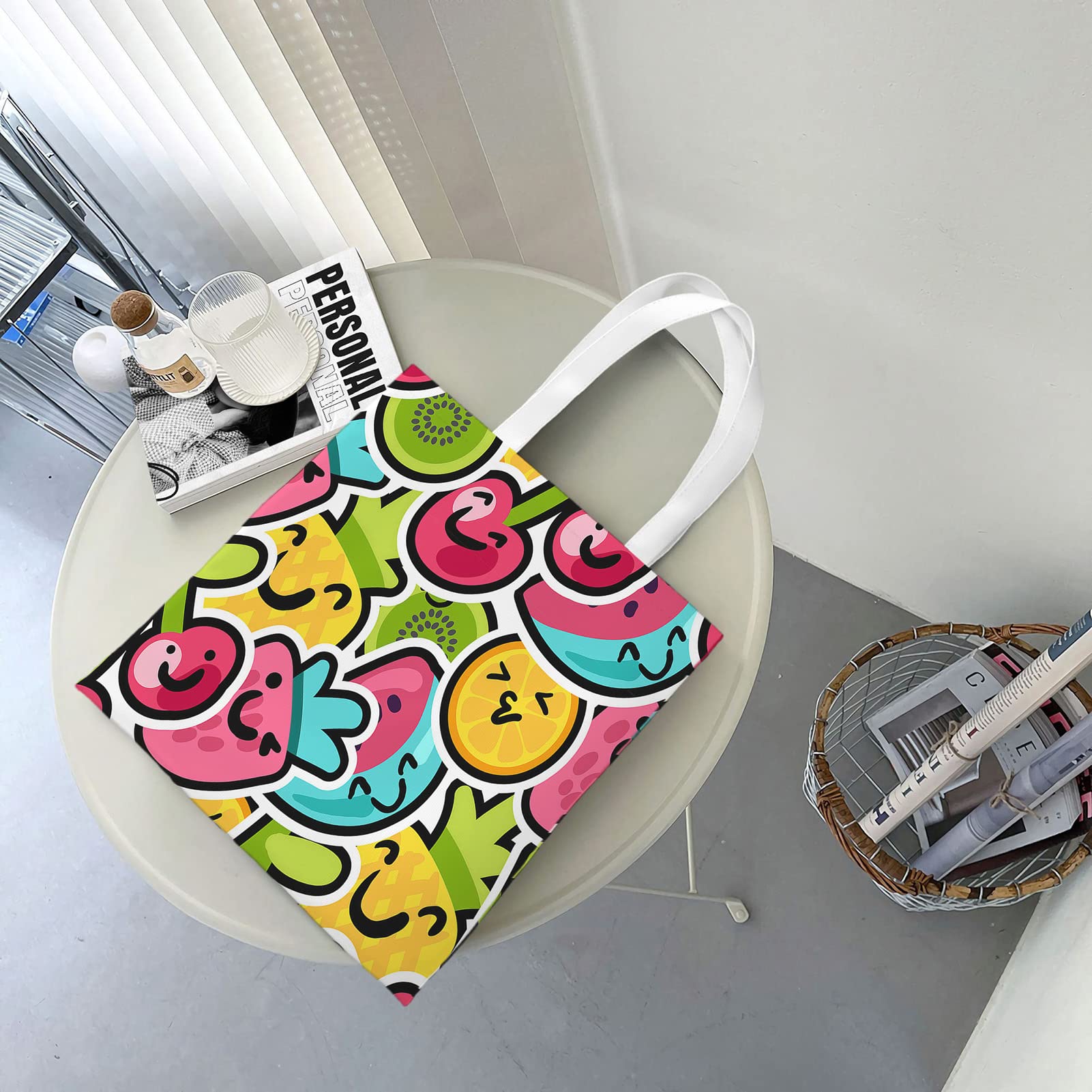 TifyDon Canvas Tote Bag,Berries Fruit Mix Pattern Reusable Large Shopping Shoulder Tote Bag For Women,Lovely Funny Pineapple Orange Watermelon Cherries Kiwi Black Happy Beach Tote Bags Bulk