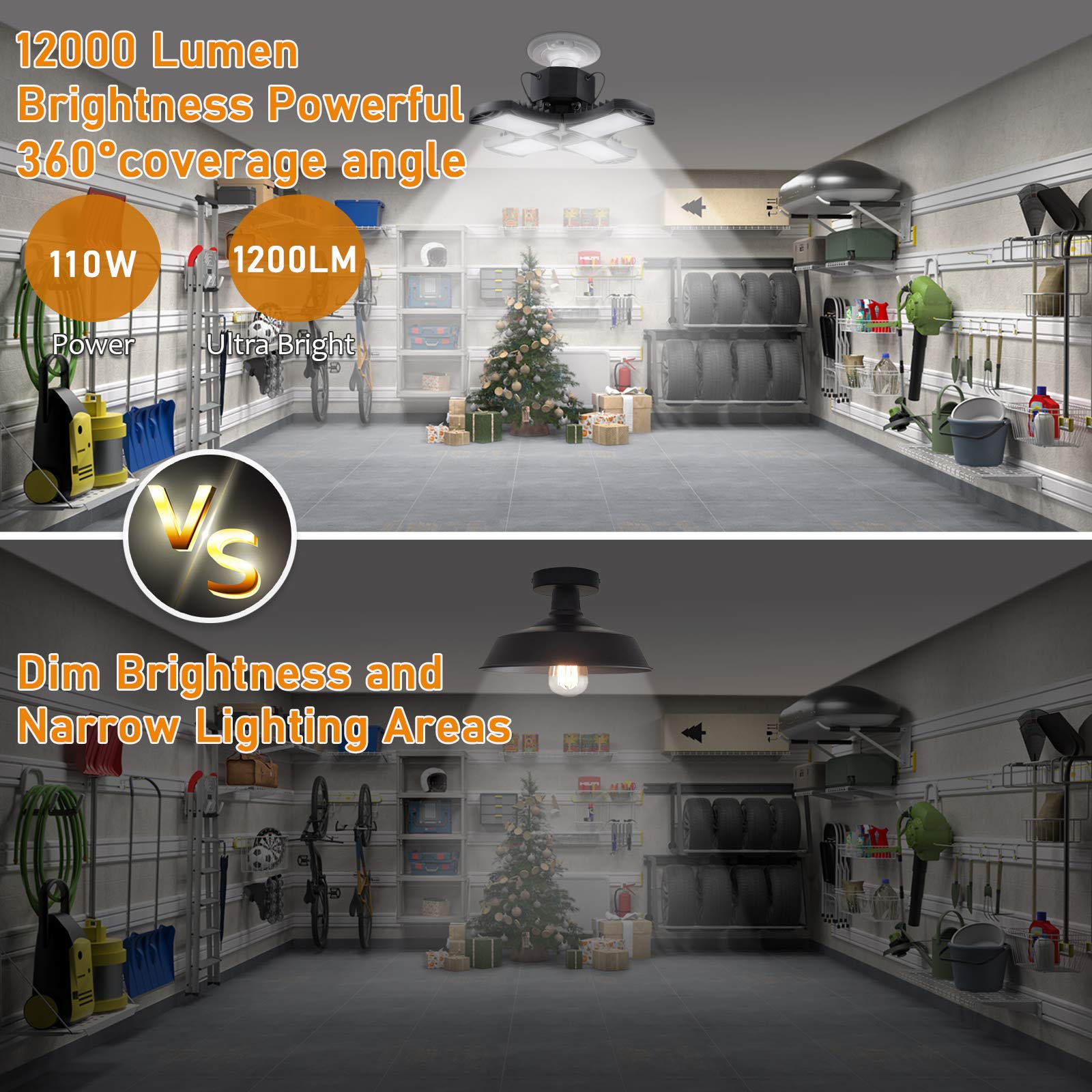 QiMH 110W LED Garage Lights,12000LM Ultra Bright 5000K Daylight Garage Ceiling Lights with 4 Adjustable Multi-Position Panels,LED Shop Light Garage Lighting fixtures for Workshop,Basement,Barn,Yard
