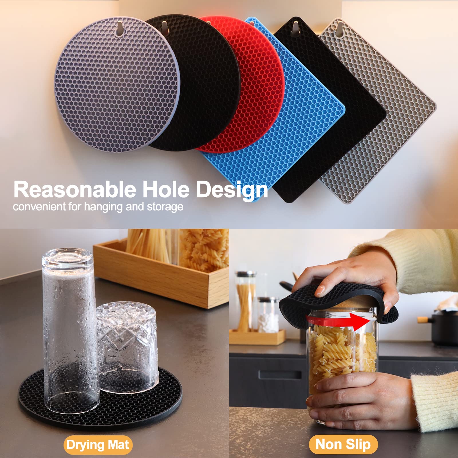 Silicone Trivets for Hot Dishes - 4 Heat Resistant Mats for Countertops, Multipurpose Non-Slip Hot Pads for Kitchen Potholders, Jar Opener, Spoon Holde, Food Grade Silicone(Black)