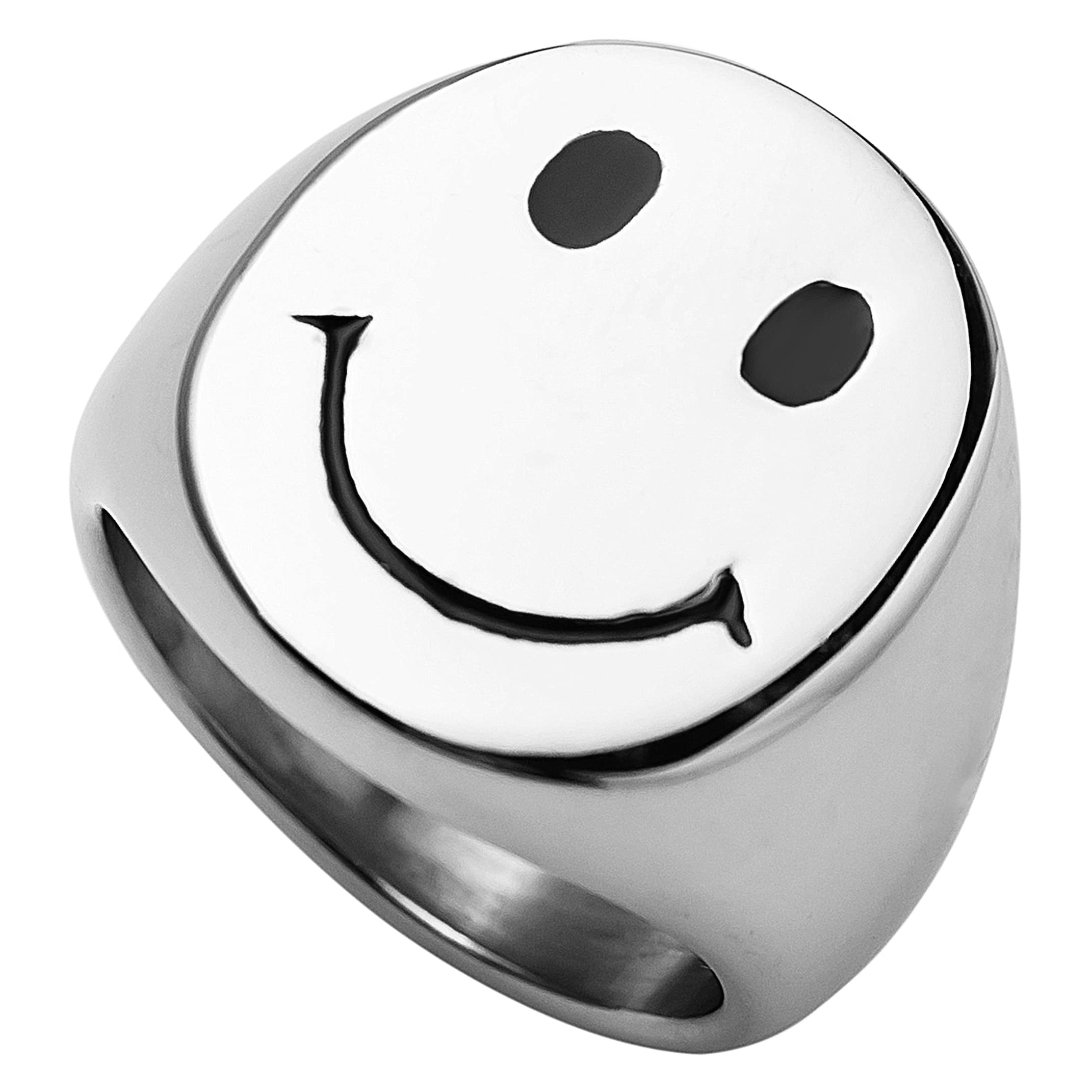 TREAVIVLY Unisex Gold Silver Stainless Steel Ring, Fashion Titanium Smiley Face Ring, Cute Stackable Signet Ring, Cool Aesthetic Ring, Chunky Stacking Ring, Trendy Emo Smile Face Ring For Men and Women