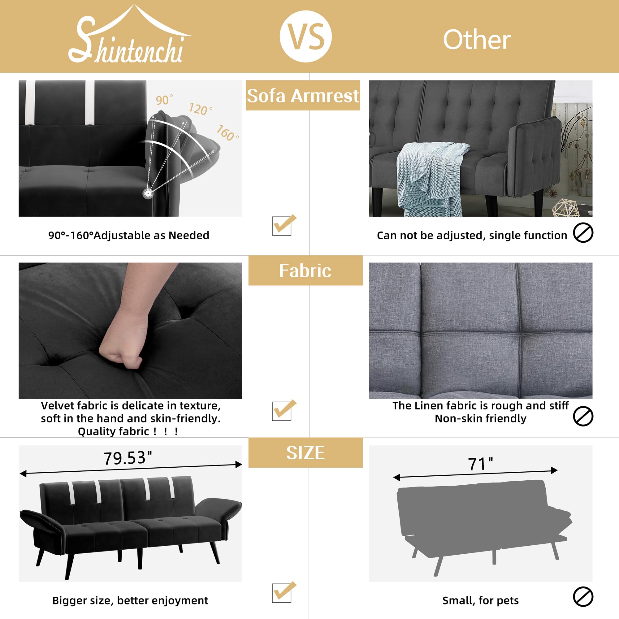 Shintenchi Futon Sofa Bed Modern Folding Sleeper Couch Bed for Living Room,Velvet Loveseat Sofa Couch Sofa cama for Apartments Office Small Spaces,w/Adjustable Armrests Backrest,Ivory White