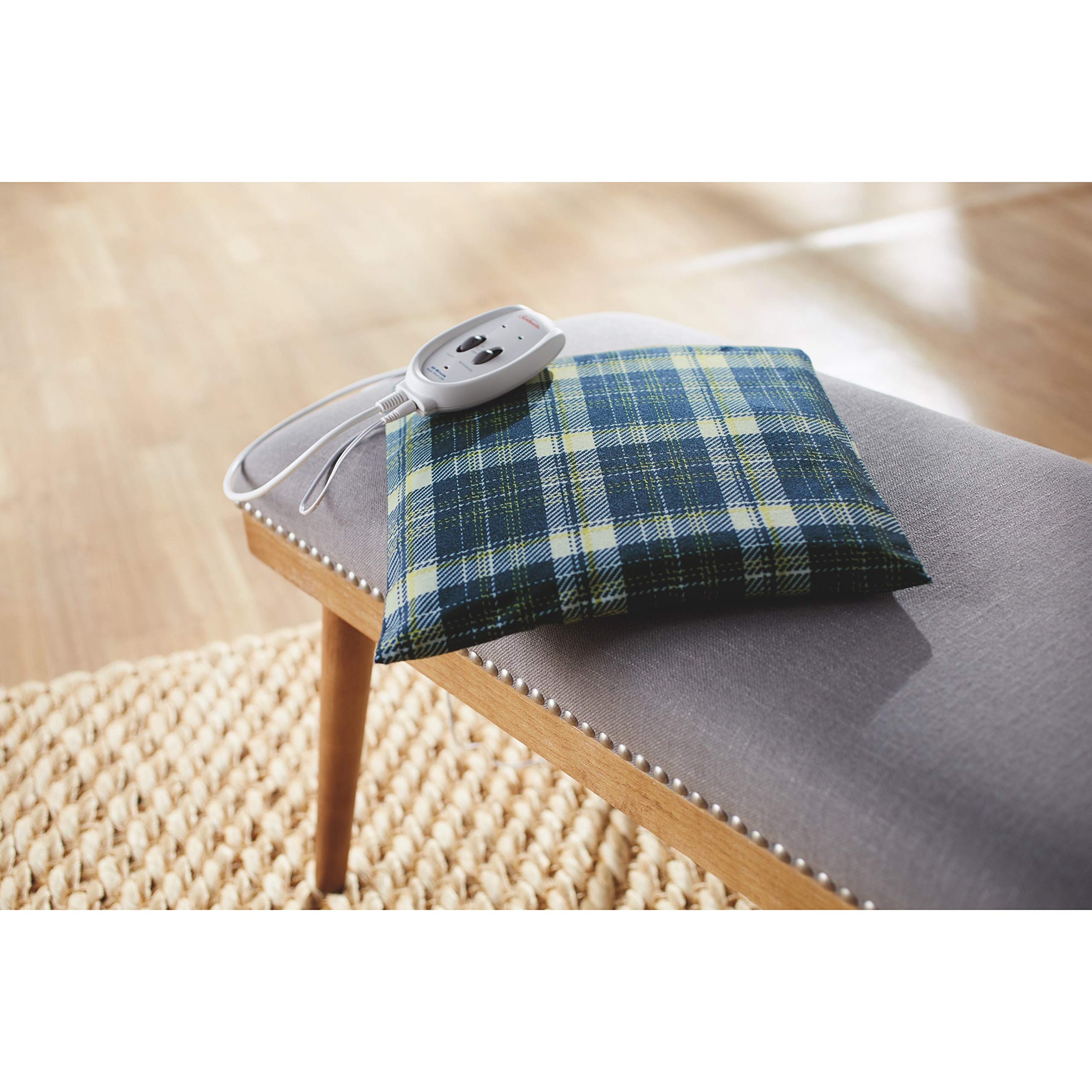 Sunbeam Heating and Massage Pad for Pain Relief | Small Flexi-Soft, 2 Heat & 2 Massage Settings with Auto-Off | Blue Plaid, 12-Inch x 12-Inch