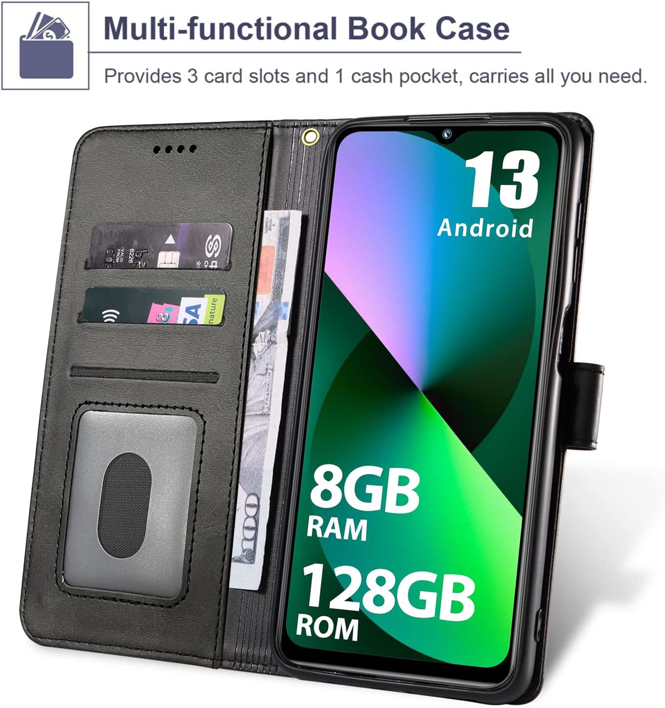 TTYSHTT for oukitel C35/C36 Case and Tempered Glass Screen Protector, PU Leather Flip Cover Wallet Phone Case Protector [Full Protection] [Card Slots] [Kickstand] for oukitel C36, Black