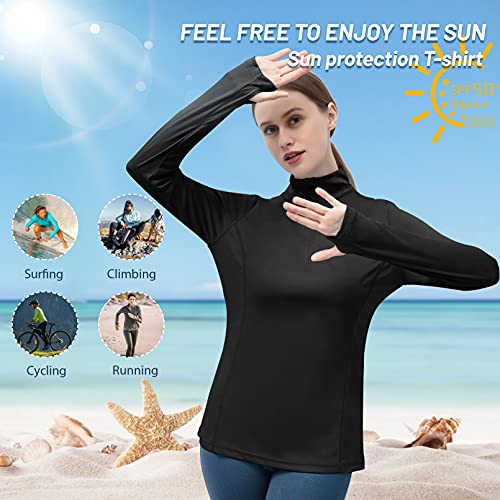 Women's Active Dry-Fit Long Sleeve UPF 50+ Sun Protection Tops Workout Outdoor UV Shirts with Thumb Holes P13 A-black