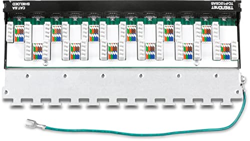 TRENDnet 12-Port Cat6A Shielded Patch Panel, 10G Ready, Cat5e,Cat6,Cat6A Compatible, Metal Housing, Color-Coded Labeling for T568A and T568B Wiring,Cable Management,Wall Mountable, Black,TC-P12C6AS