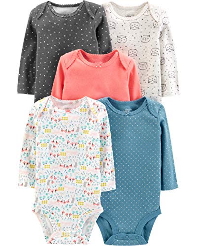 Simple Joys by Carter's Baby Girls' 5-Pack Long-Sleeve Bodysuit, Dots/Floral/Hearts/Owl, 24 Months