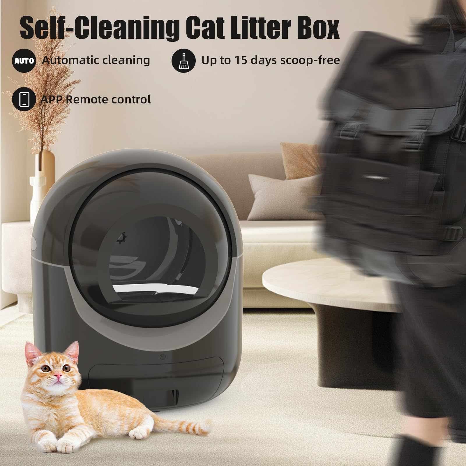 Self-Cleaning Cat Litter Box, Automatic Cat Litter Box for Multiple Cats with APP Control/Safety Protection, 65L+10L Large Capacity Smart Litter Box with 1 Mat & 40 Liner - 2 Year Warranty