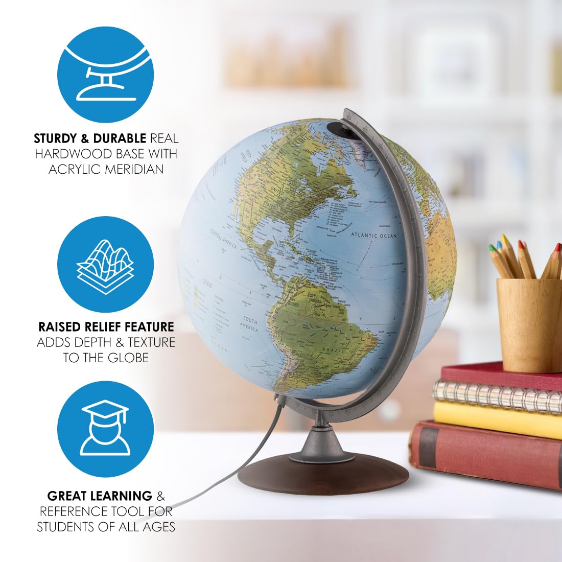 Waypoint Geographic Tactile Relief Globe, 12" Illuminated Blue Ocean-Style World Globe with Raised Relief, Up-to-Date Reference Globe, Decorative Globe for Home and Office Decor