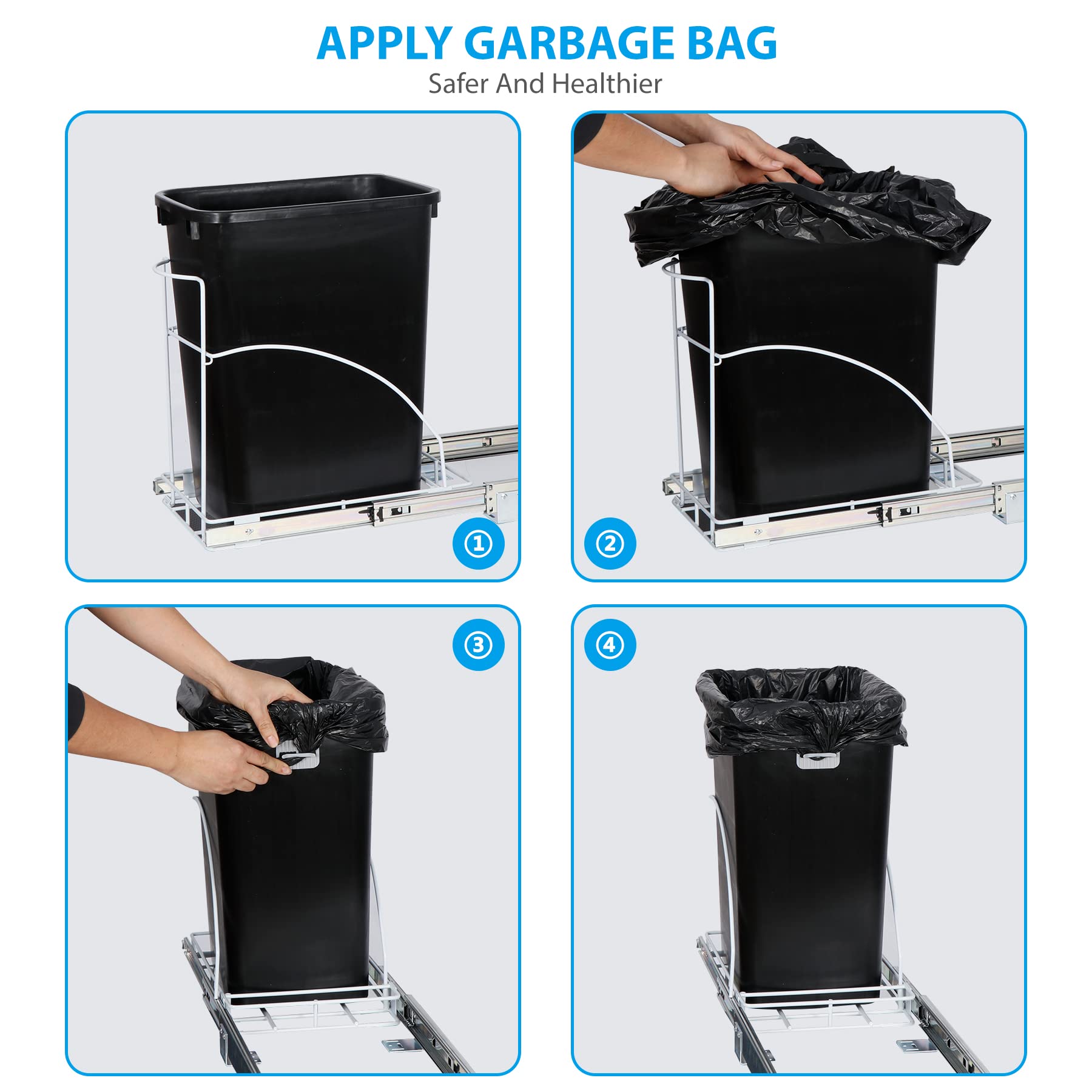 SUPER DEAL Single 35 Quart Kitchen Cabinet Pull-Out Trash Can Waste Bin Container with Rear Storage and Chrome-Plated Wire Bottom Mount Under Sink Garbage Recycling Bins, 29 Liter Capacity Black