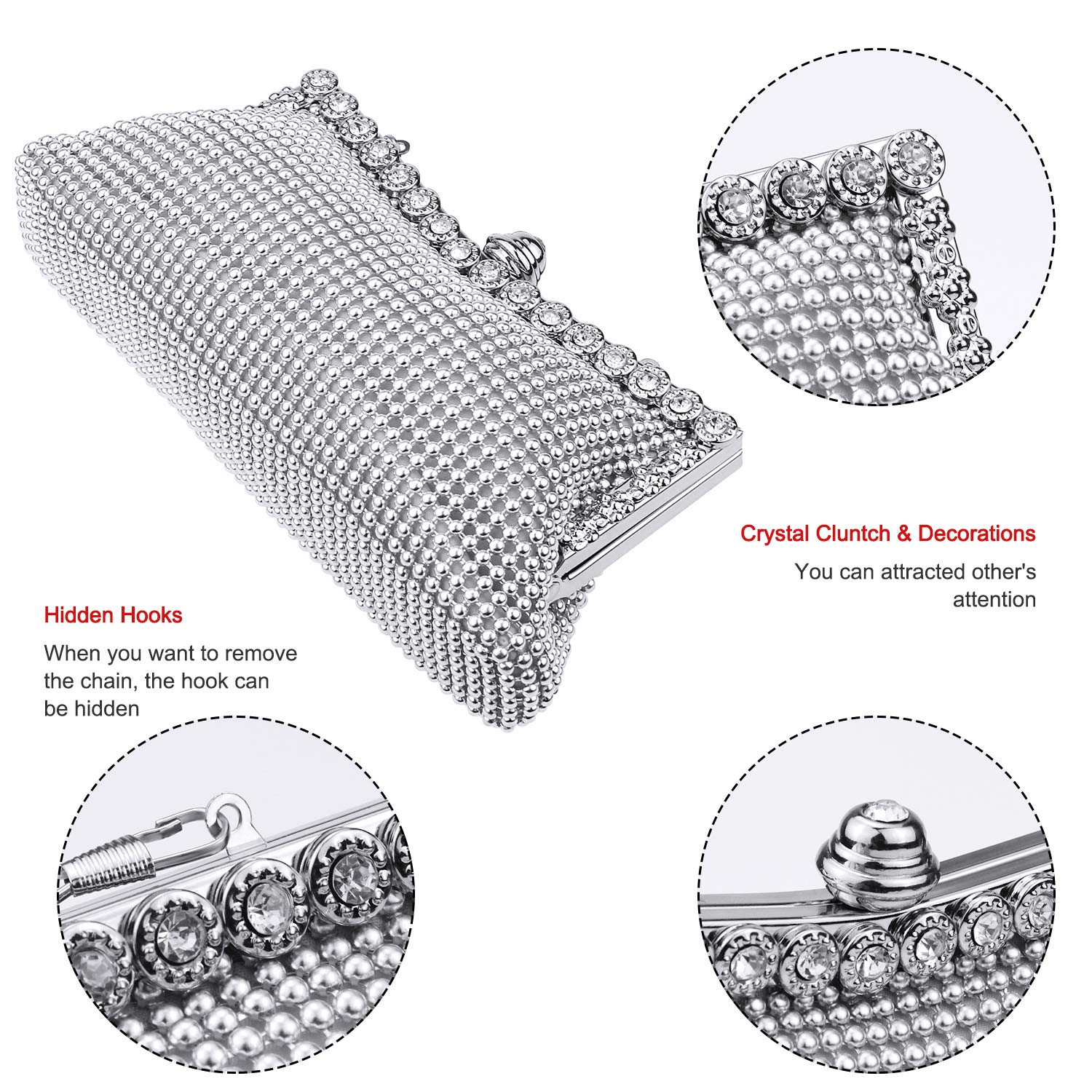 SelfTek Silver Clutch Purses Evening Bag for Women, Sparkly Rhinestone Purses Crystal Bag with Short & Long Chain for Women Wedding Prom Party